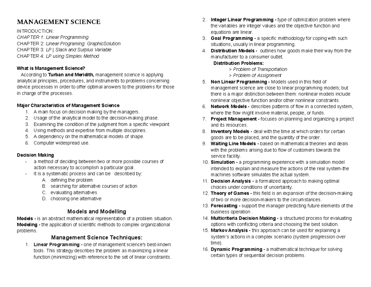 Management Science (terms) - MANAGEMENT SCIENCE INTRODUCTION: CHAPTER 1: Linear Programming ...