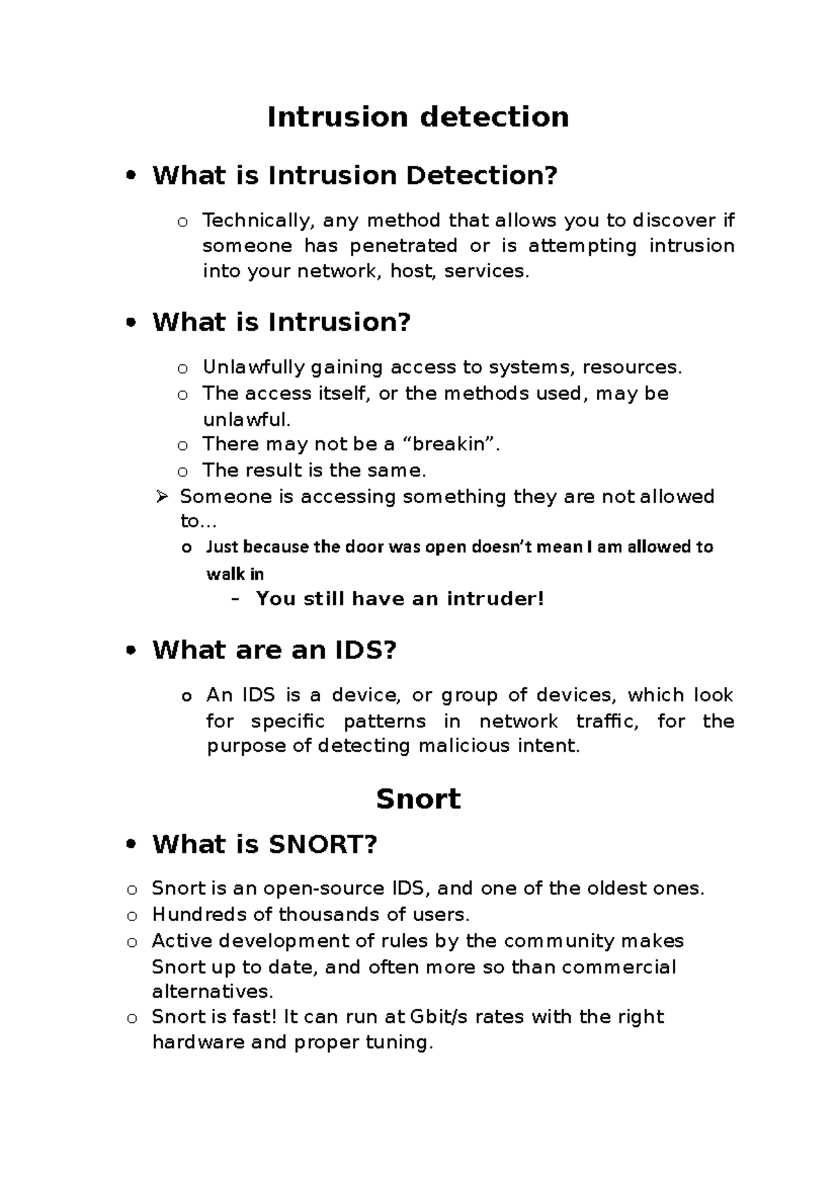 Snort IDS assignment - Ids notes - Intrusion detection What is ...
