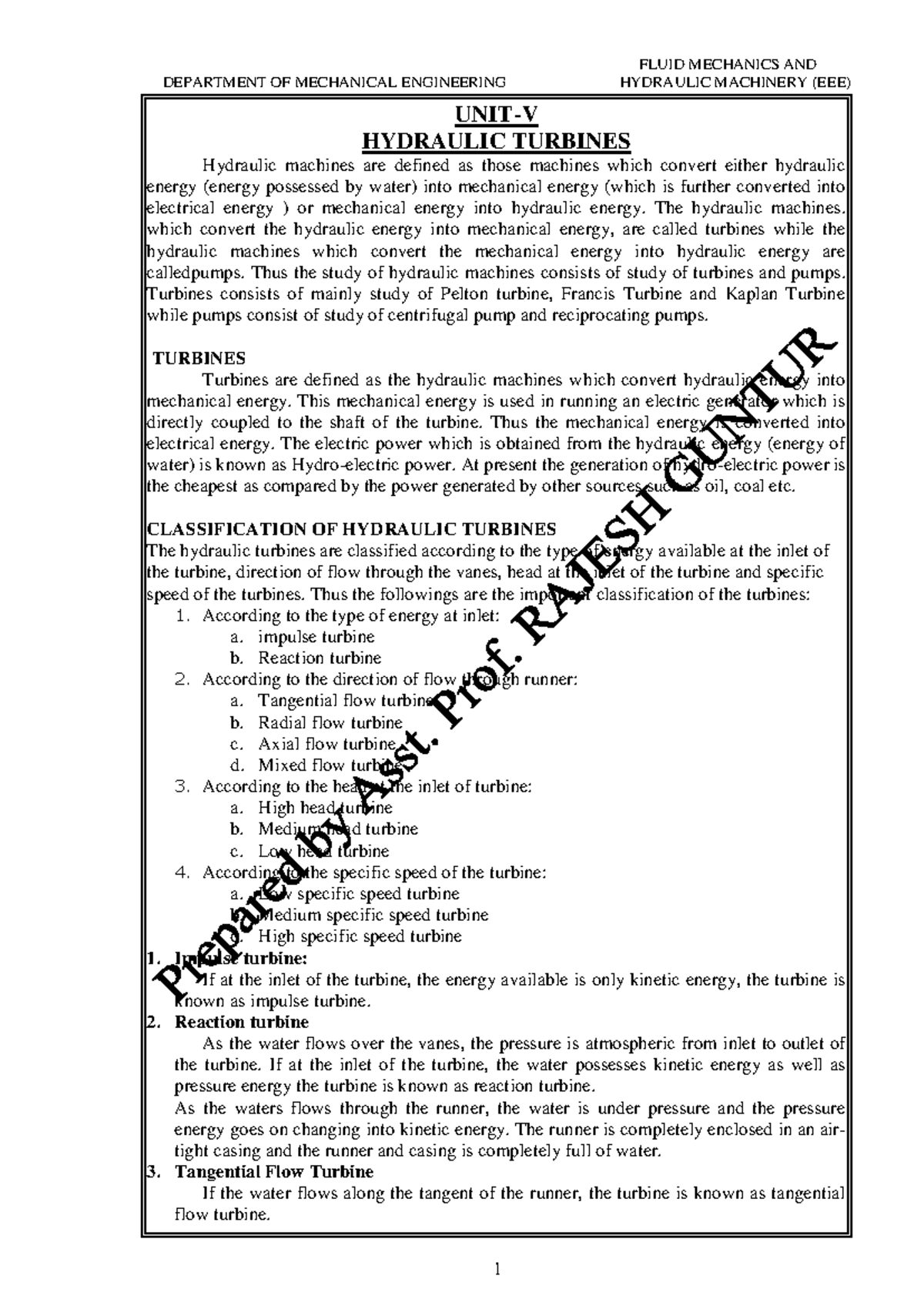 FM&HM UNIT VI LN - DEPARTMENT OF MECHANICAL ENGINEERING HYDRAULIC ...