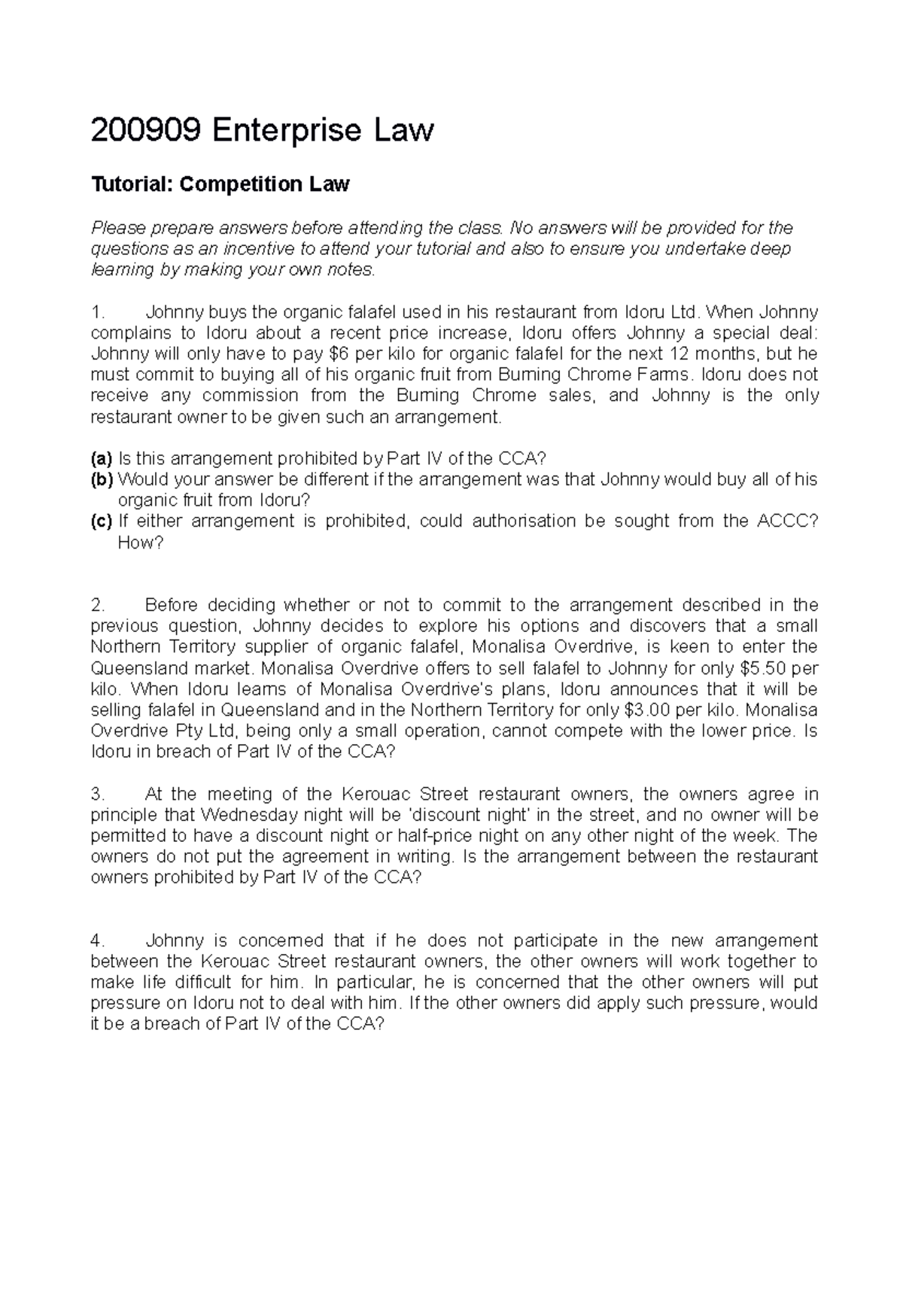 Competition Law Tutorial - 200909 Enterprise Law Tutorial: Competition ...