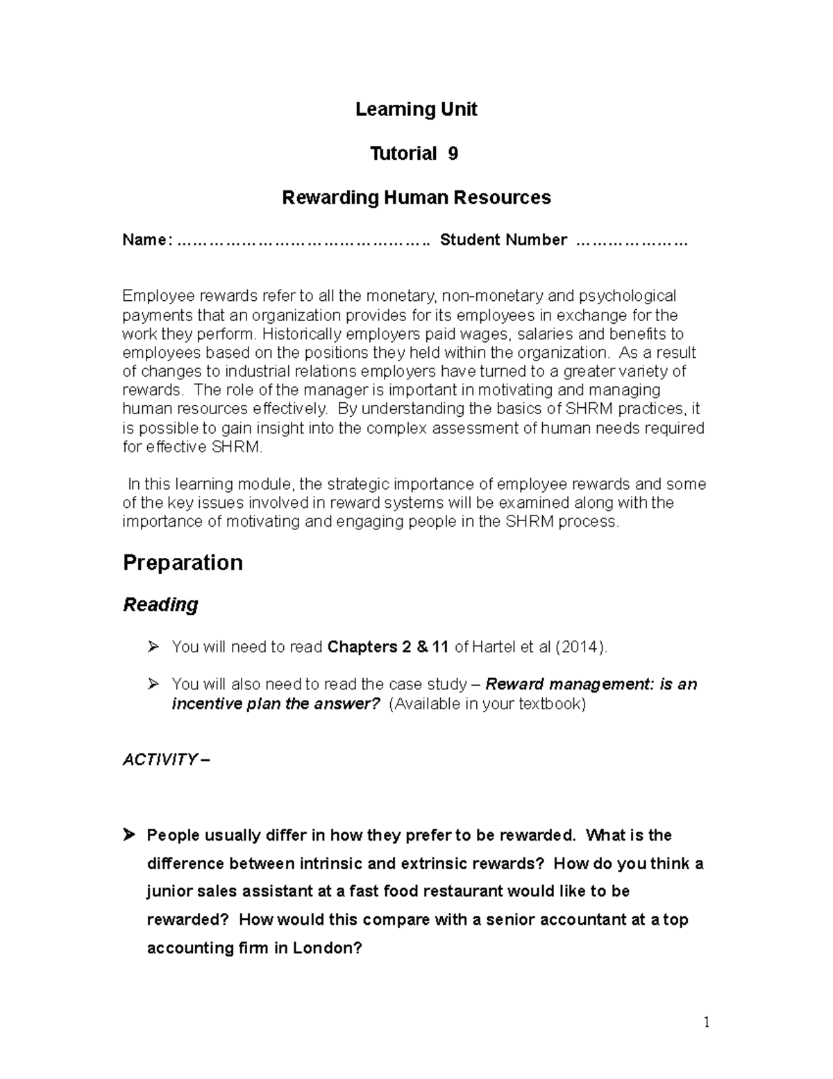 Tutorial work - Tutorial 9 Rewarding Human Resource - Learning Unit ...