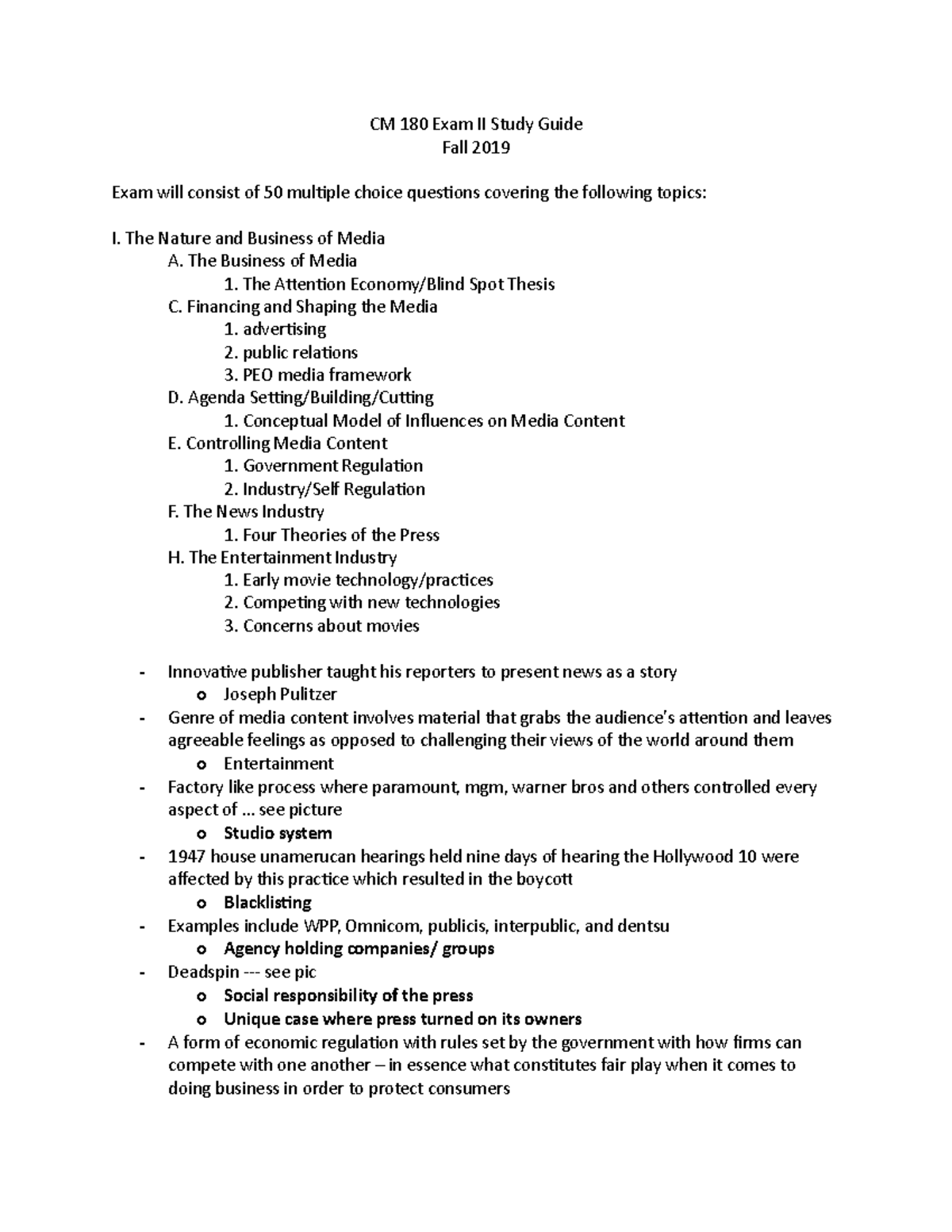 Exam II Study Guide - CM 180 Exam II Study Guide Fall 2019 Exam will ...