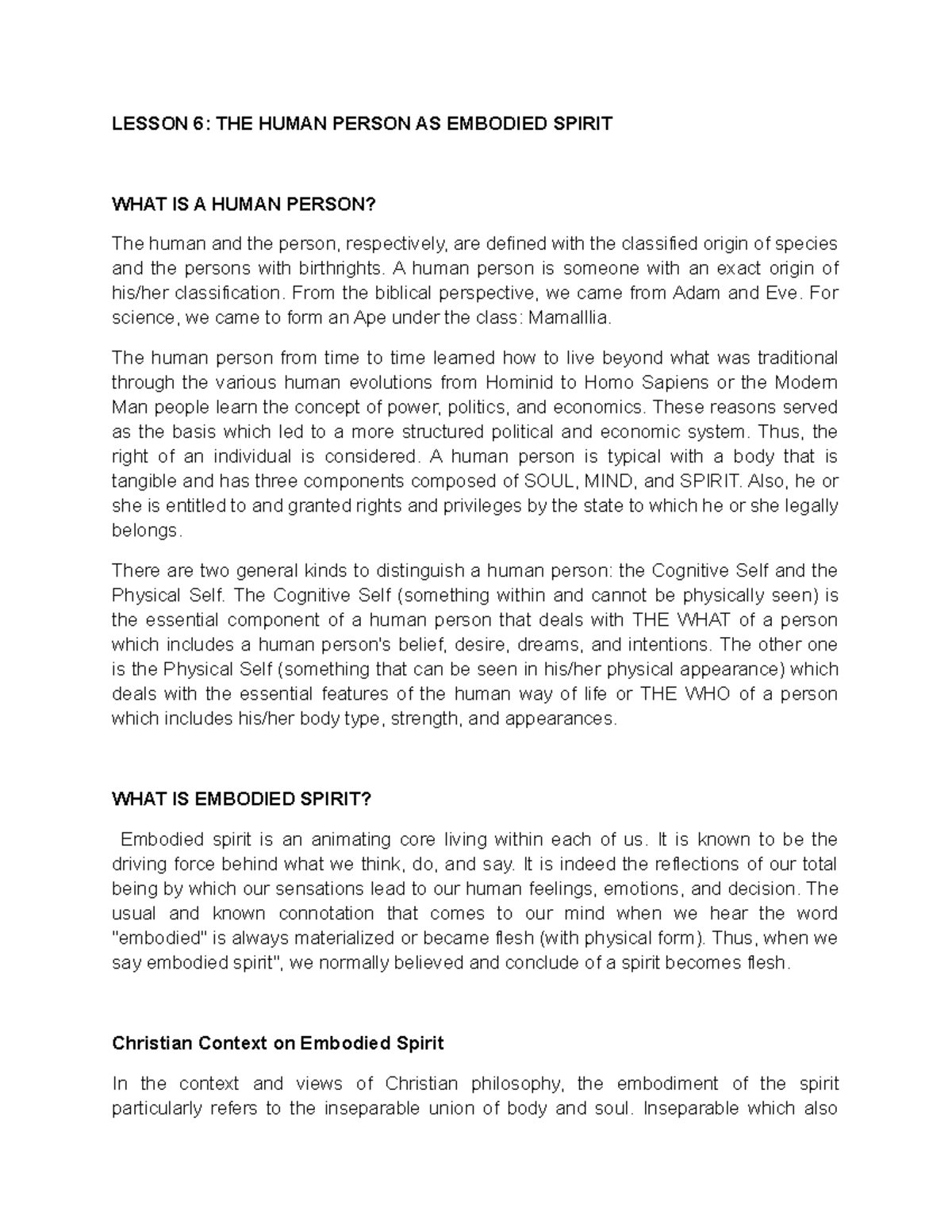 Lesson 6 THE Human Person AS Embodied Spirit - LESSON 6: THE HUMAN ...