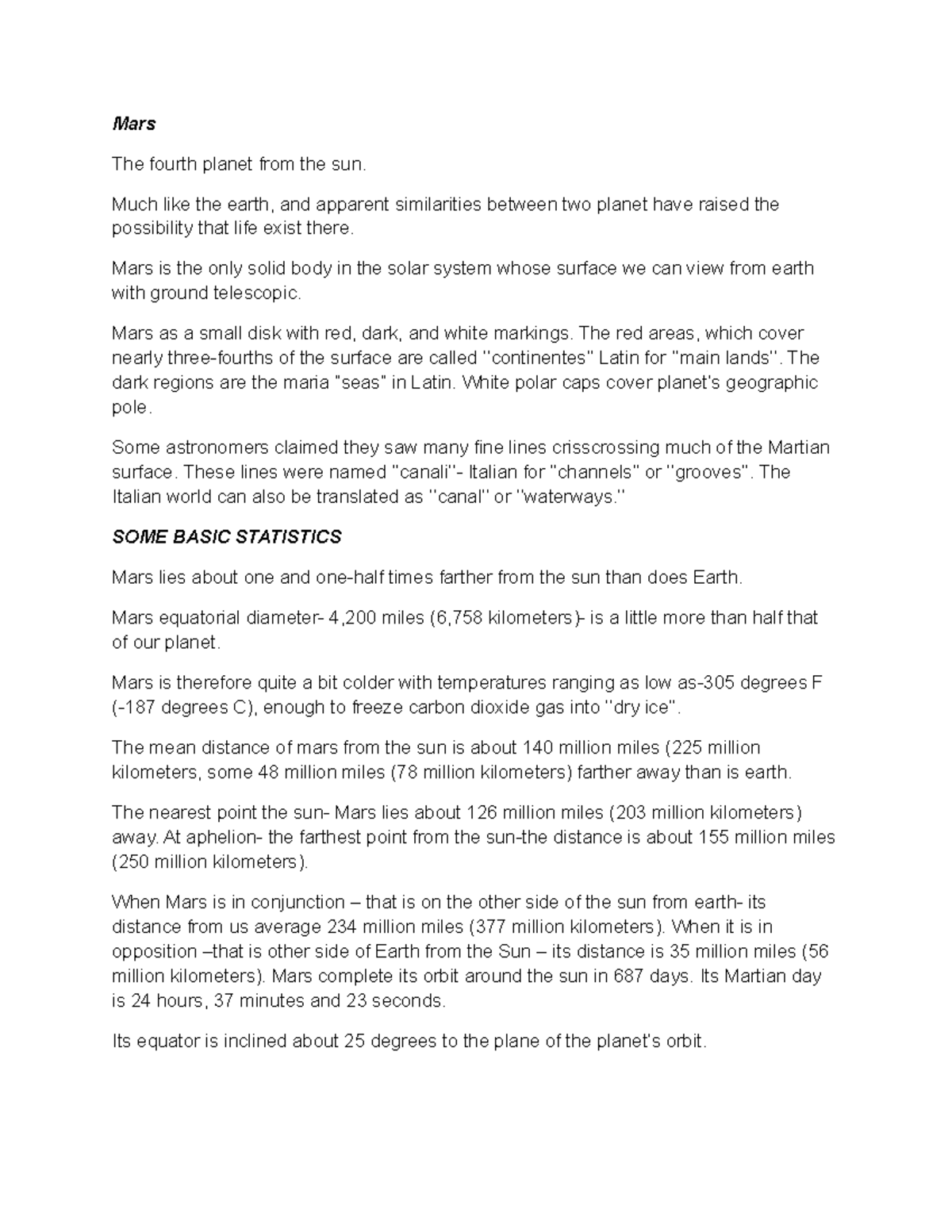 Planetaruims hand outs - Mars The fourth planet from the sun. Much like ...