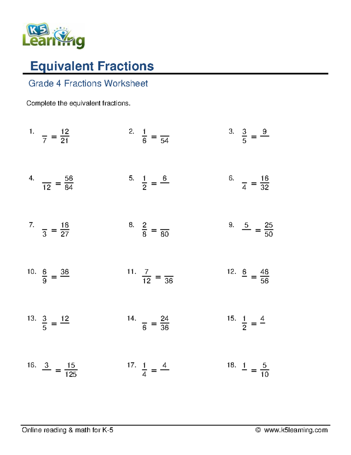 Grade 4 Fractions Worksheet - Equivalent Fractions - Online reading ...