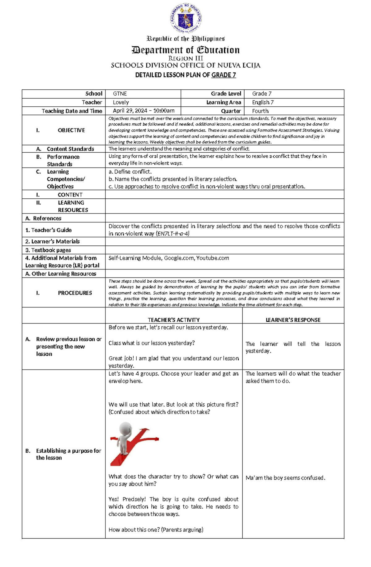 Conflict Grade 7 - DETAILED LESSON PLAN OF GRADE 7 School GTNE Grade ...