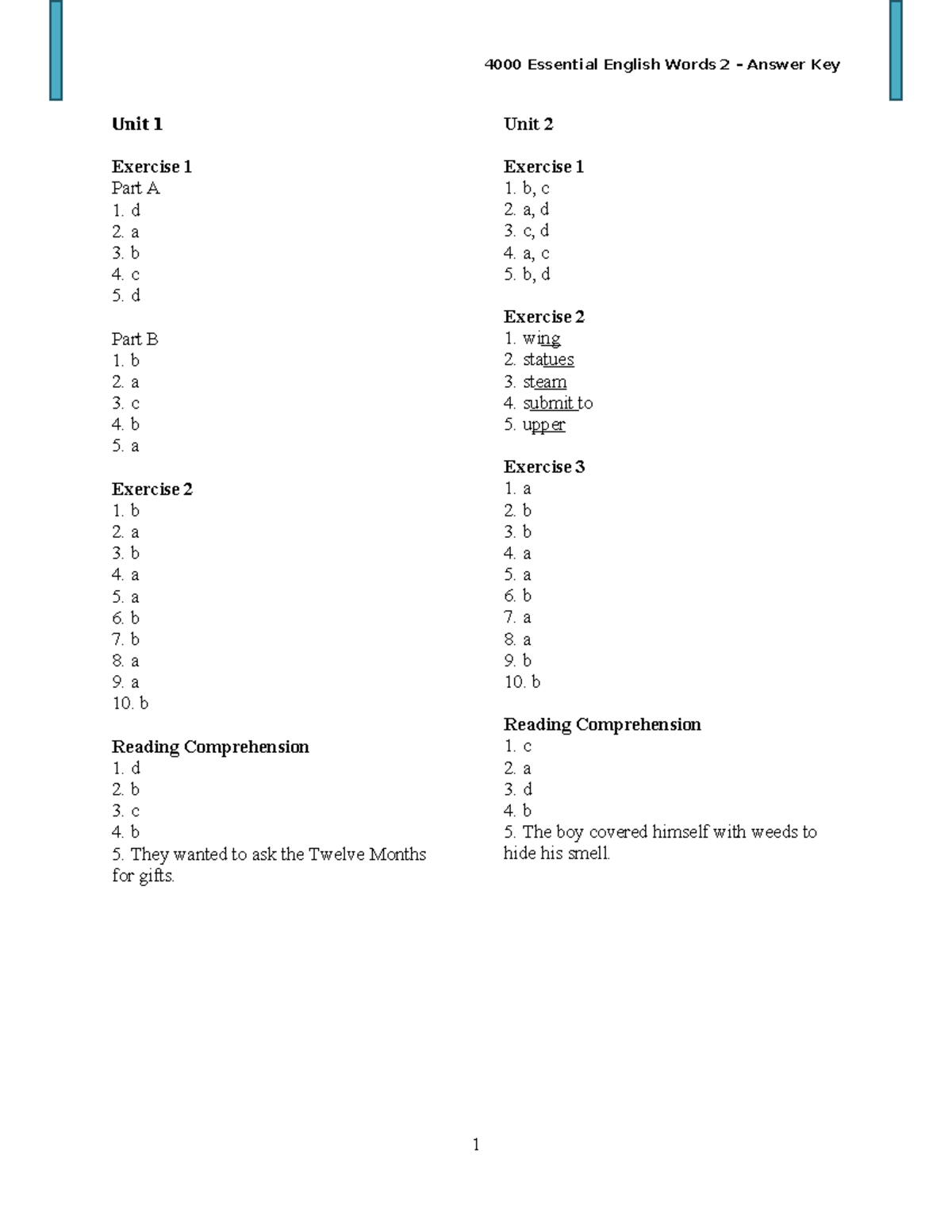 4000 Essential English Words 2 - Answer Key - Unit 1 Exercise 1 Part A d a b c d Part B b a c b ...