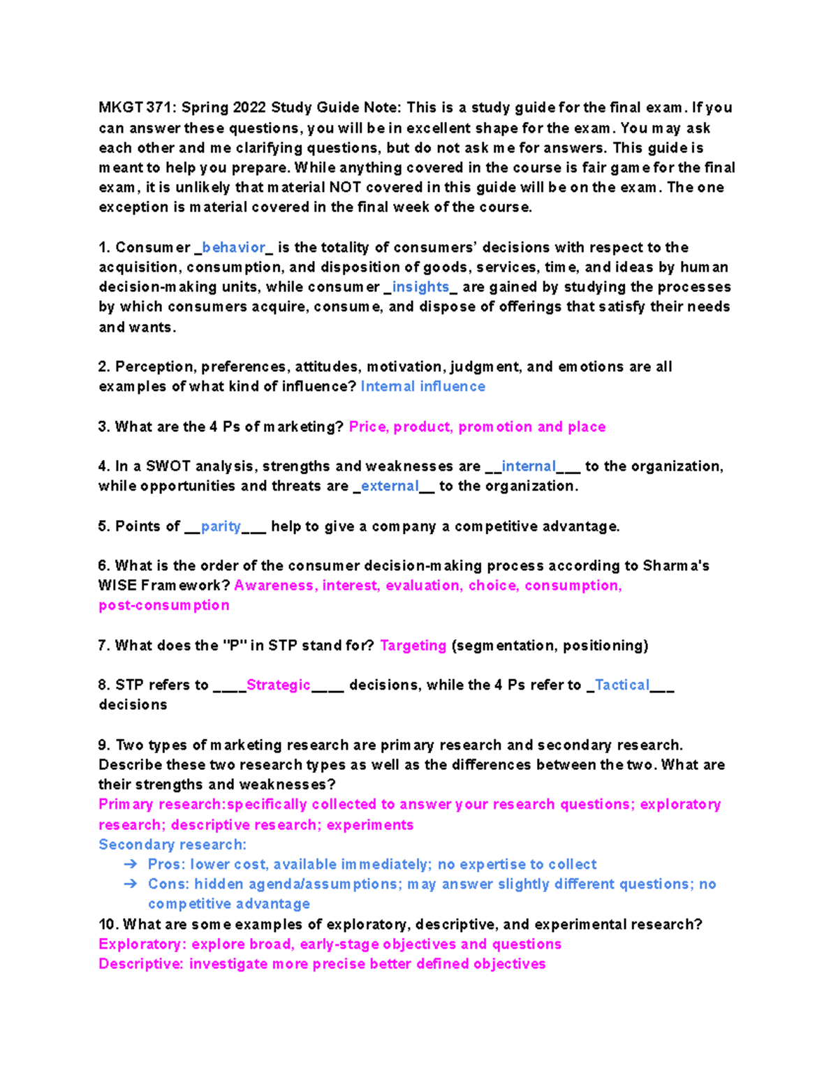 Consumer Behavior Final Study Guide - MKGT 371: Spring 2022 Study Guide Note: This is a study ...