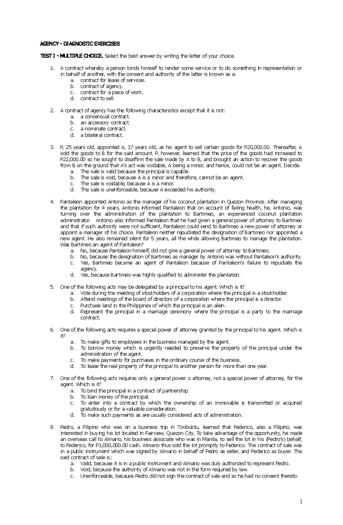 Agency-exercises - Exercises for Mastery in Law on Agency - AGENCY ...