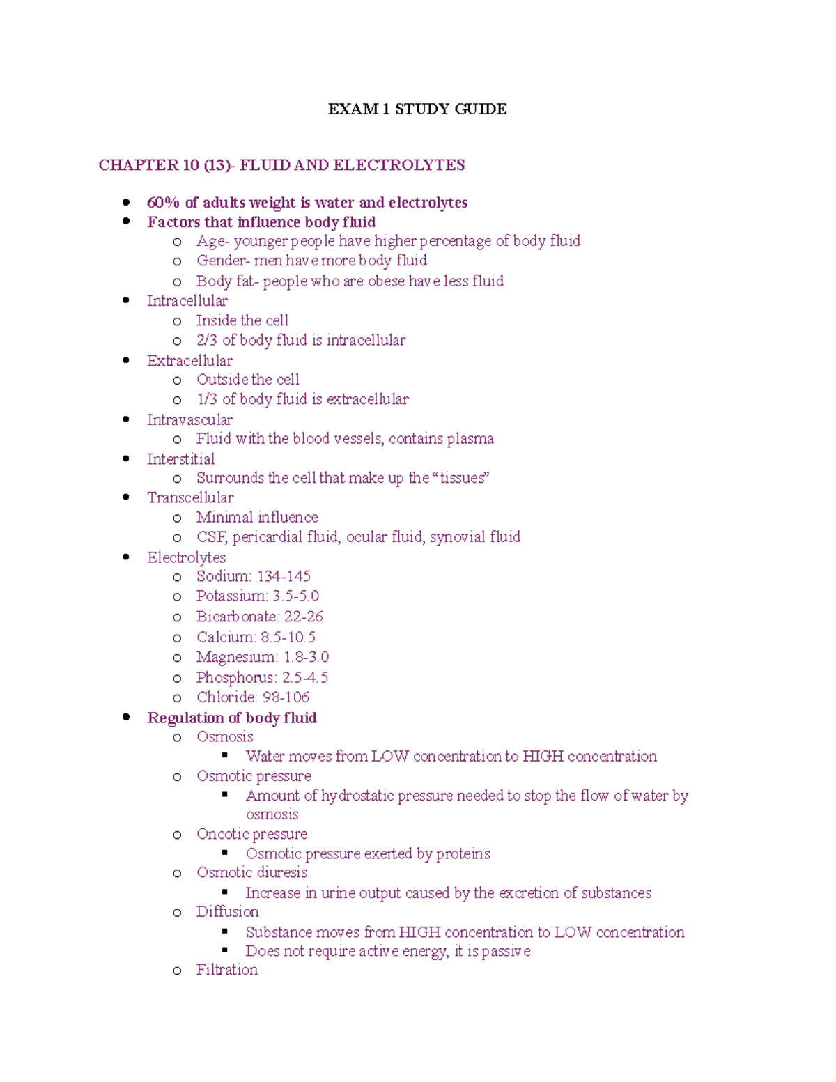 EXAM 1 Study Guide - EXAM 1 STUDY GUIDE CHAPTER 10 (13)- FLUID AND ...