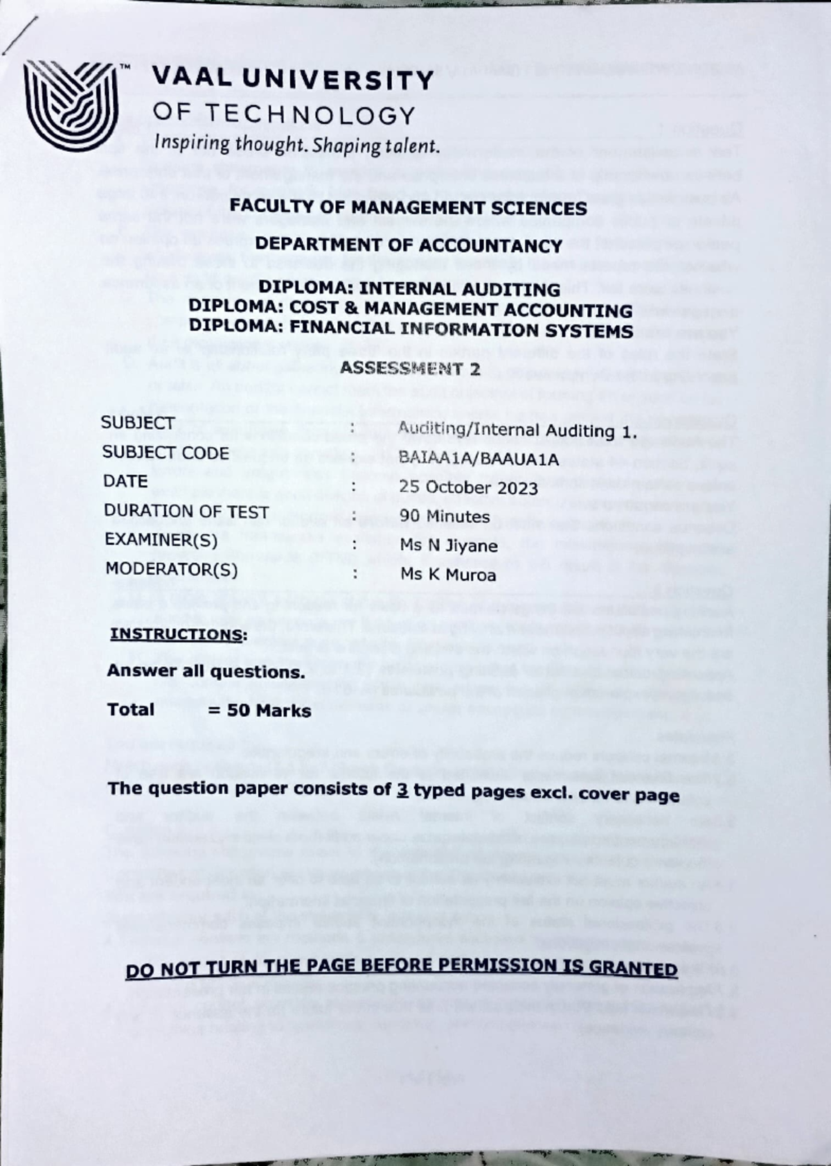 Auditing Test 2 2023 - QUESTION PAPER - VAAL UNIVERSITY OF TECHNOLOGY ...