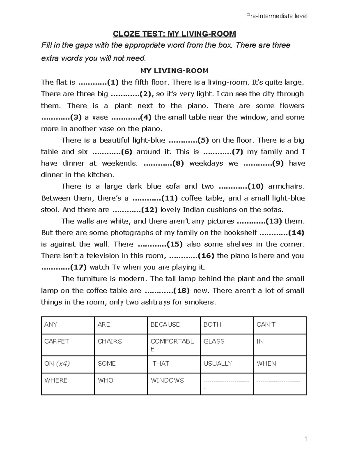 Clozetest Myliving-room Pre-intermediate - Pre Intermediate level CLOZE ...