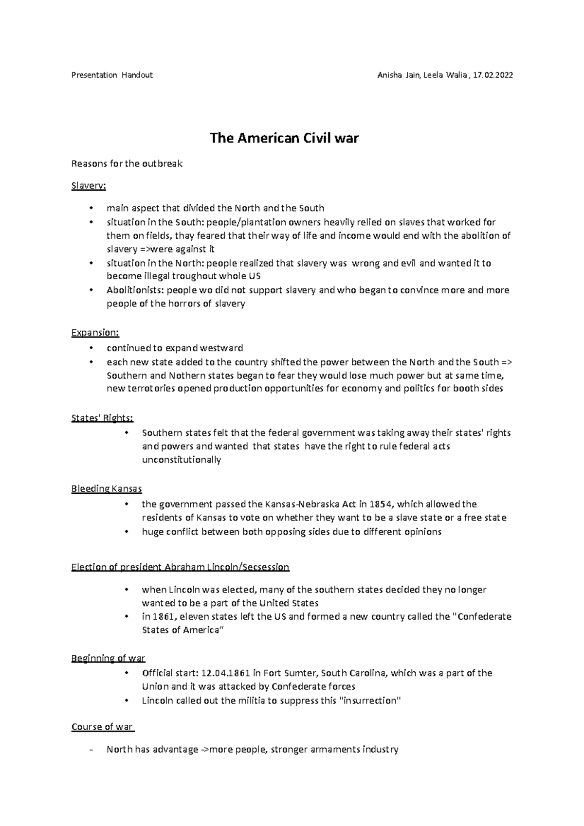 Handout american civil war - Presentation Handout Anisha Jain, Leela ...
