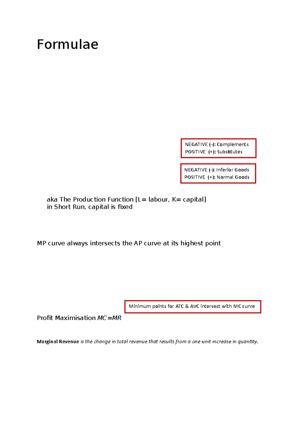 Course Summary Notes - Weeks 1-5 - Formulae ####### aka The Production ...