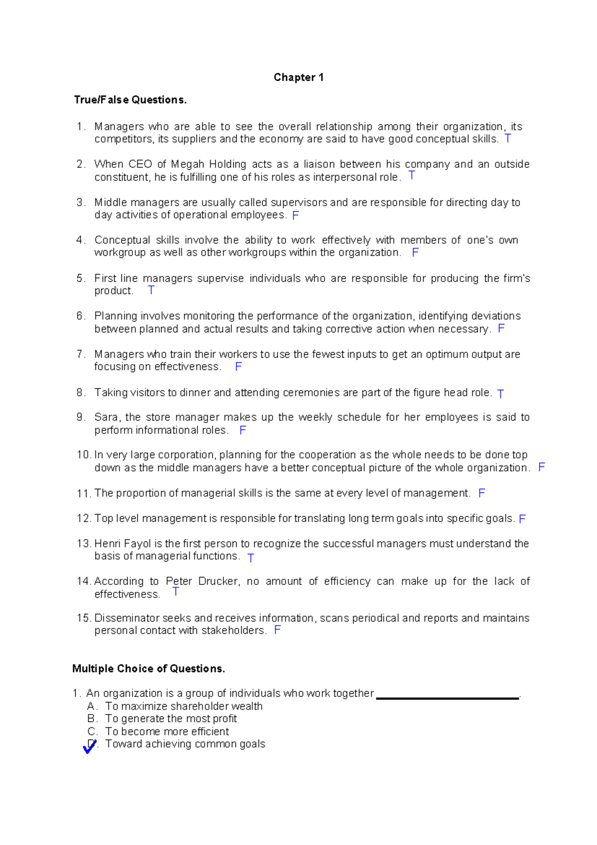 Exercises Chap 1-5 MGT162- Latest - Chapter 1 F Multiple Choice of ...
