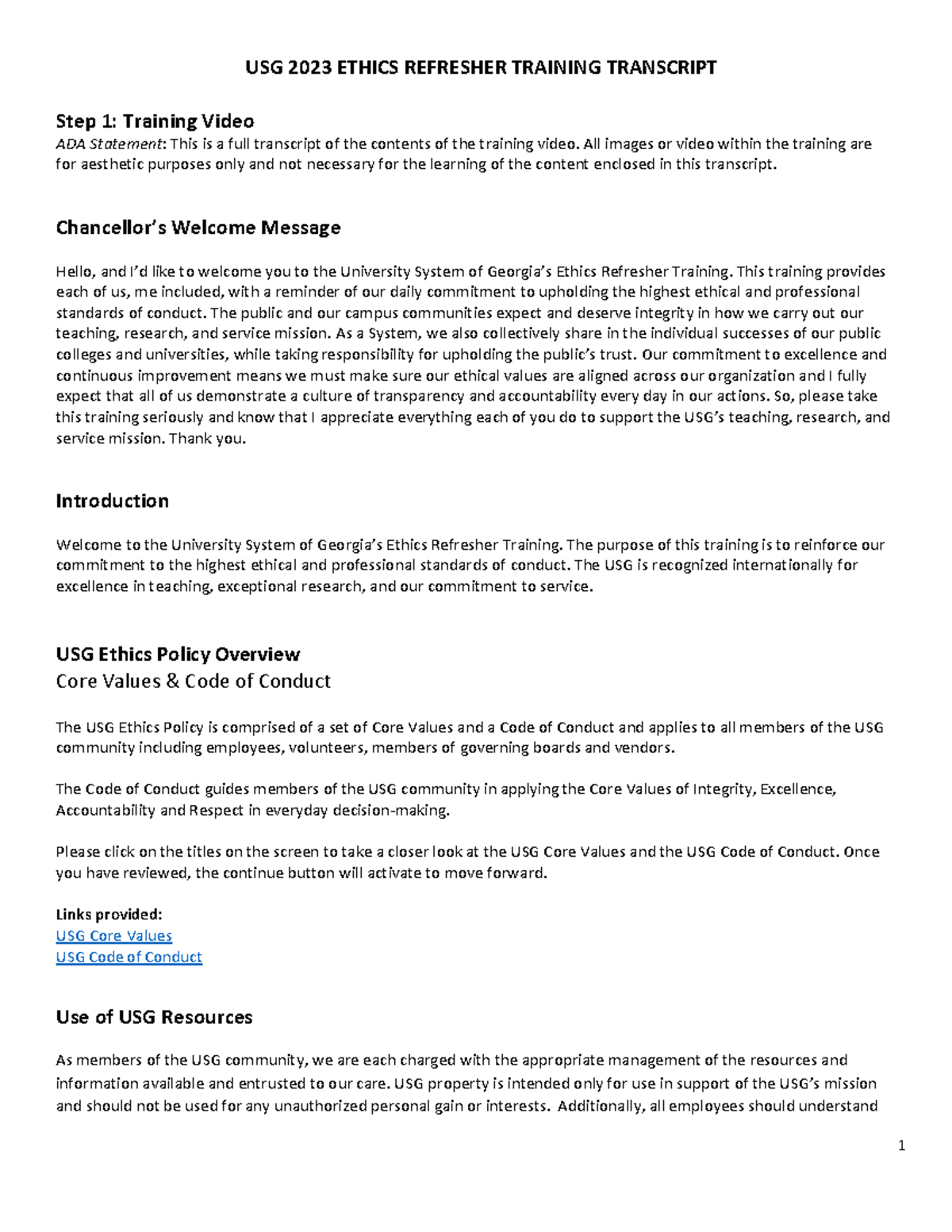 USG Ethics Refresher Training Transcript - USG 2023 ETHICS REFRESHER ...