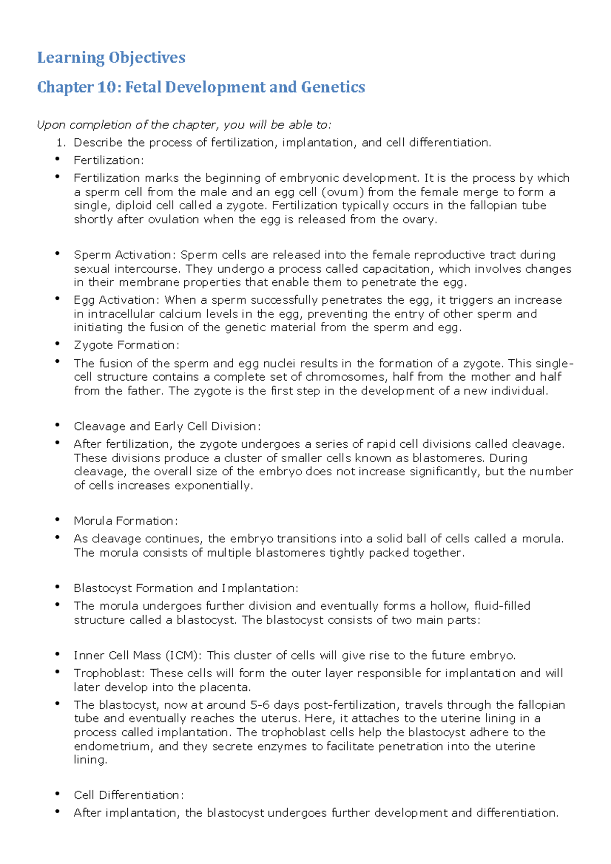 Ricci Ess 5e LO Chapter 10 - Learning Objectives Chapter 10: Fetal Development and Genetics Upon ...