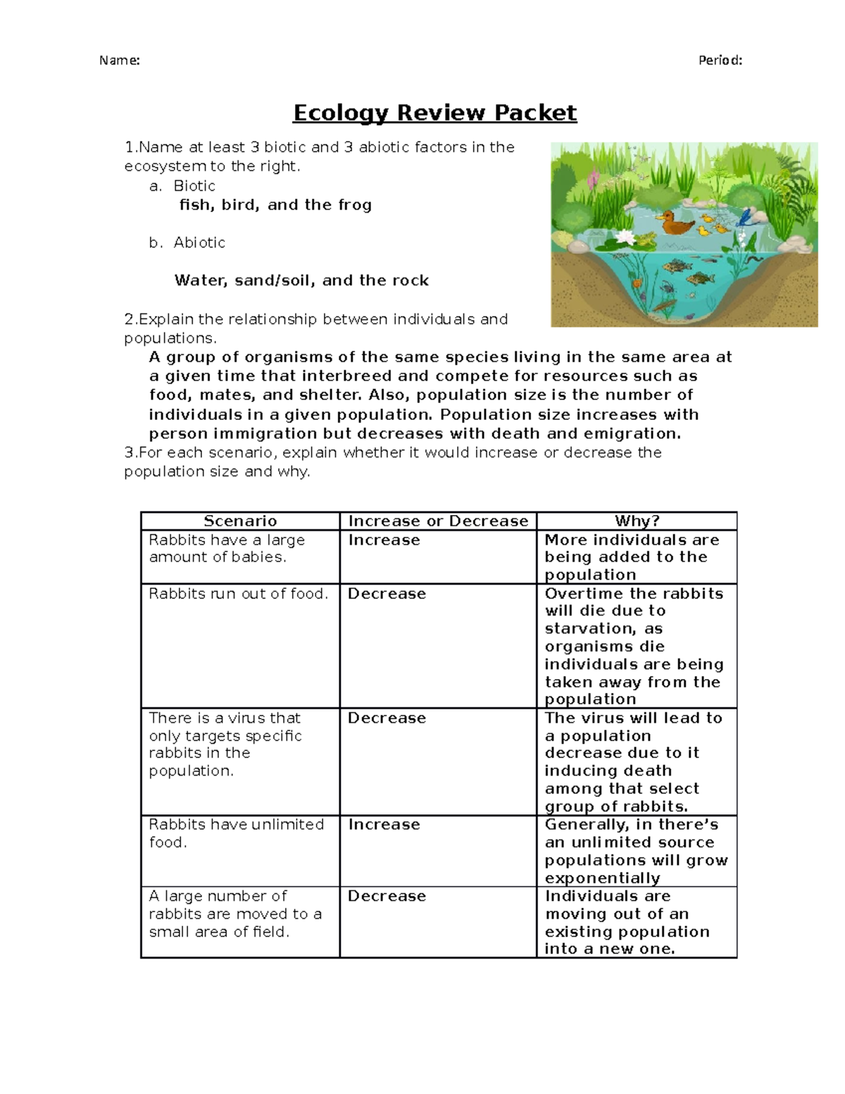 Ecology Review Packet - a. Biotic fish, bird, and the frog b. Abiotic ...