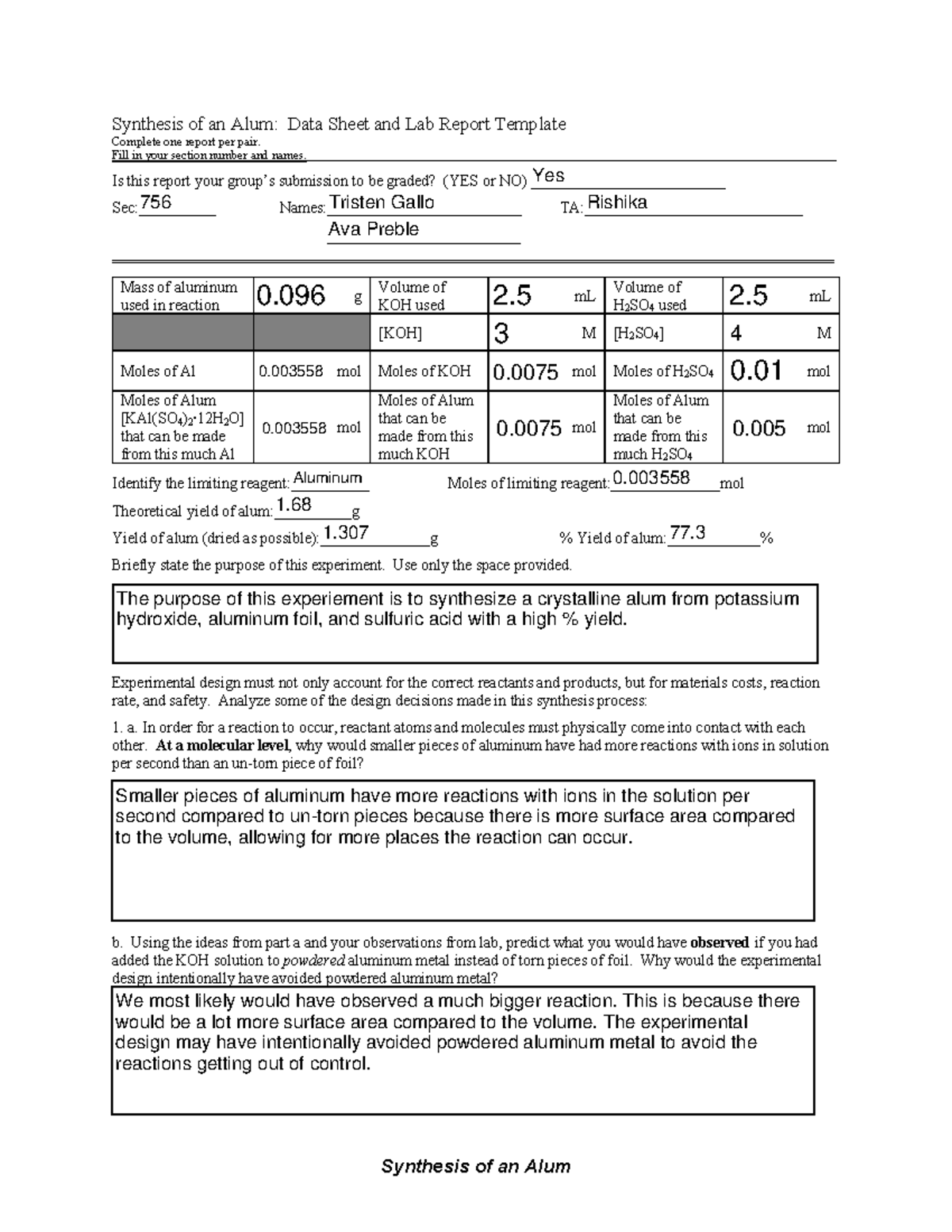 04 Synthesis of Alum - F23 Report Form - Synthesis of an Alum Synthesis ...