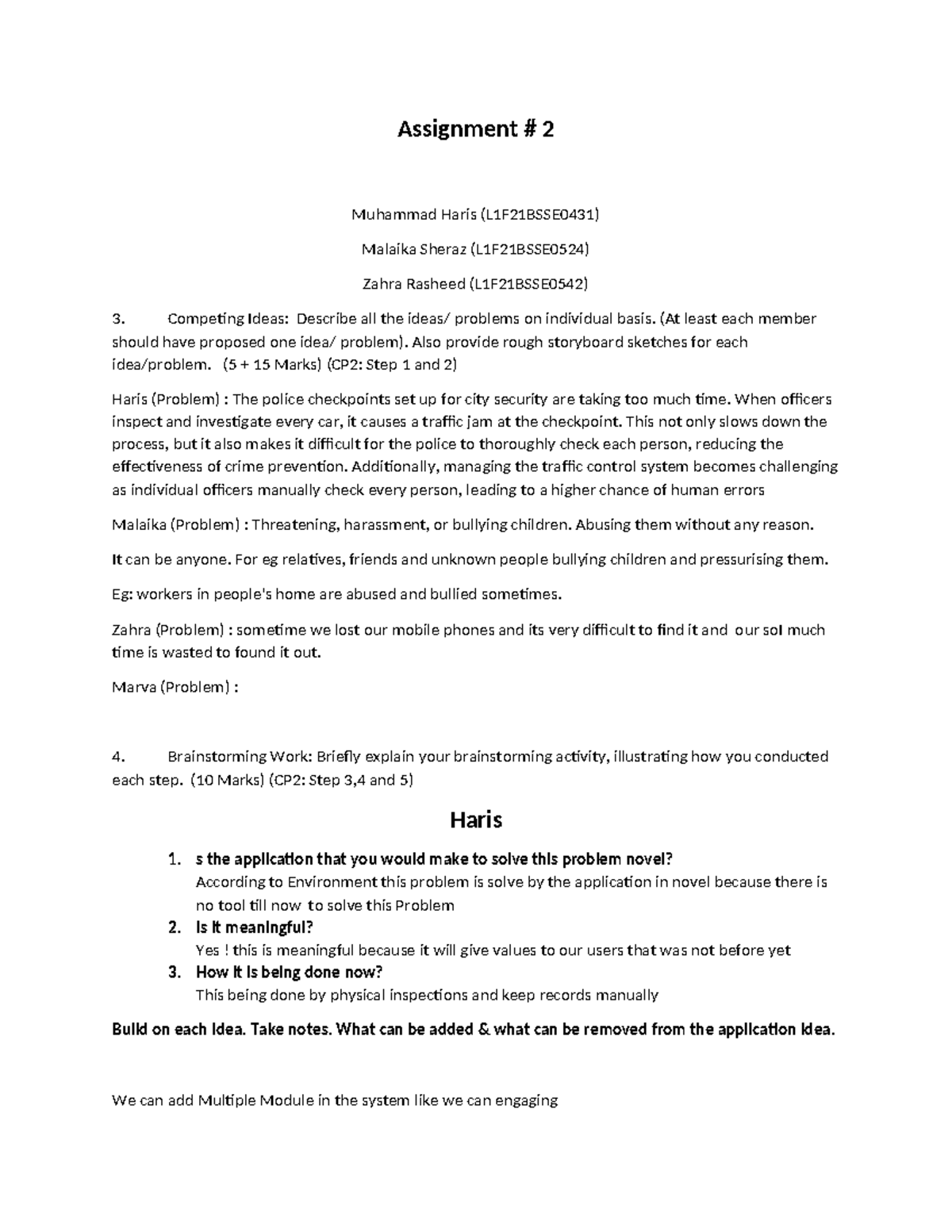 Document (2) (11) - sad - Assignment # 2 Muhammad Haris (L1F21BSSE0431) Malaika Sheraz - Studocu