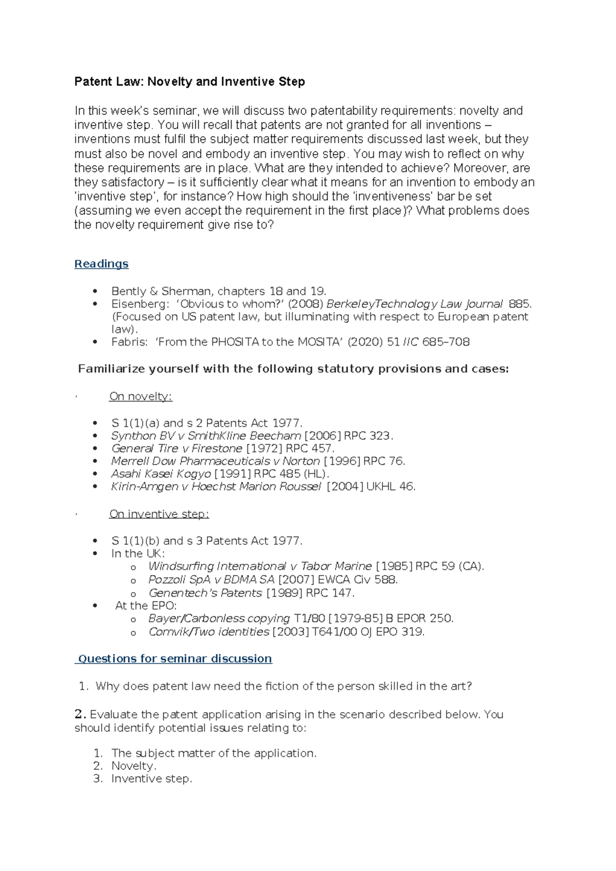 Worksheet Novelty and Inventive Step - Patent Law: Novelty and ...