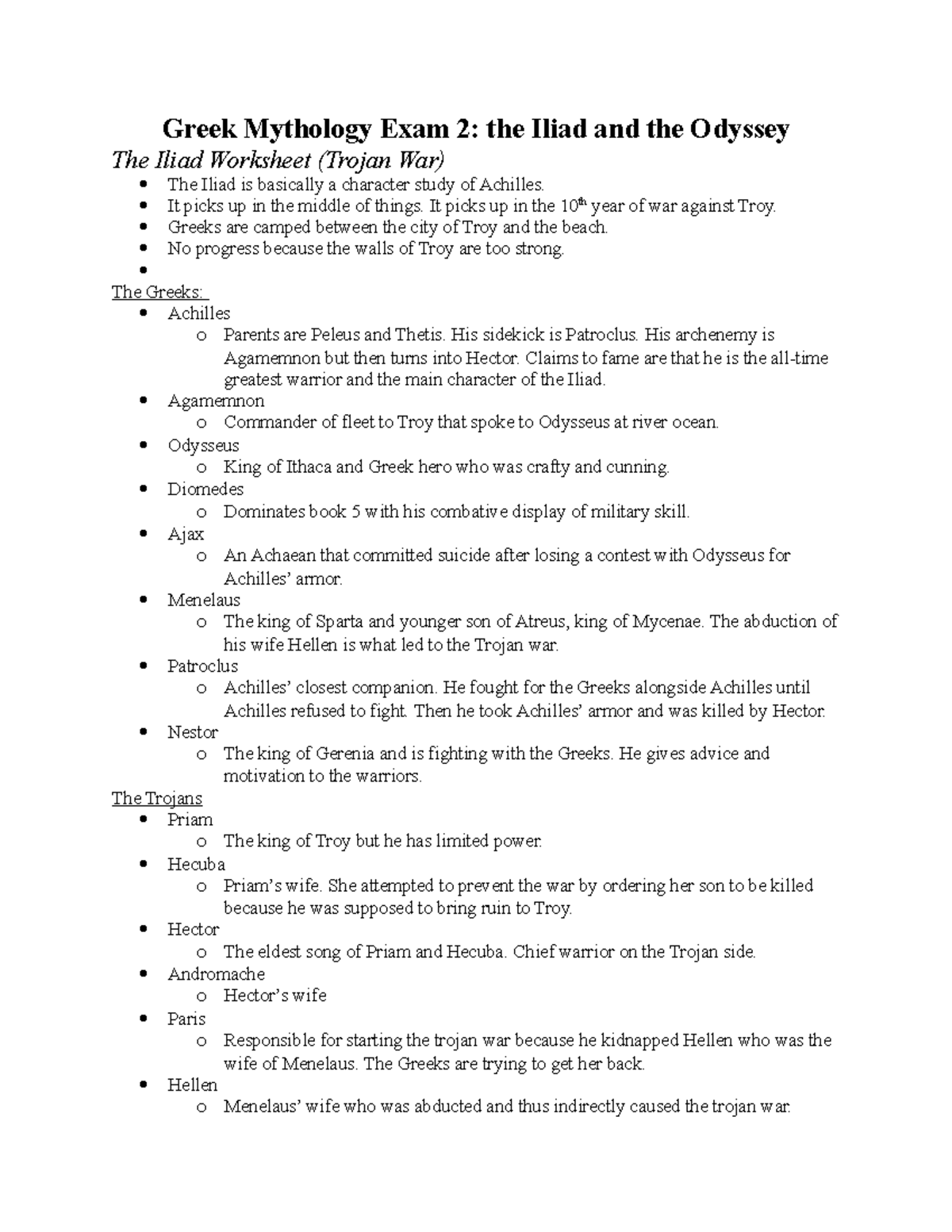 Greek Mythology Exam 2 Study Guide - Greek Mythology Exam 2: the Iliad ...