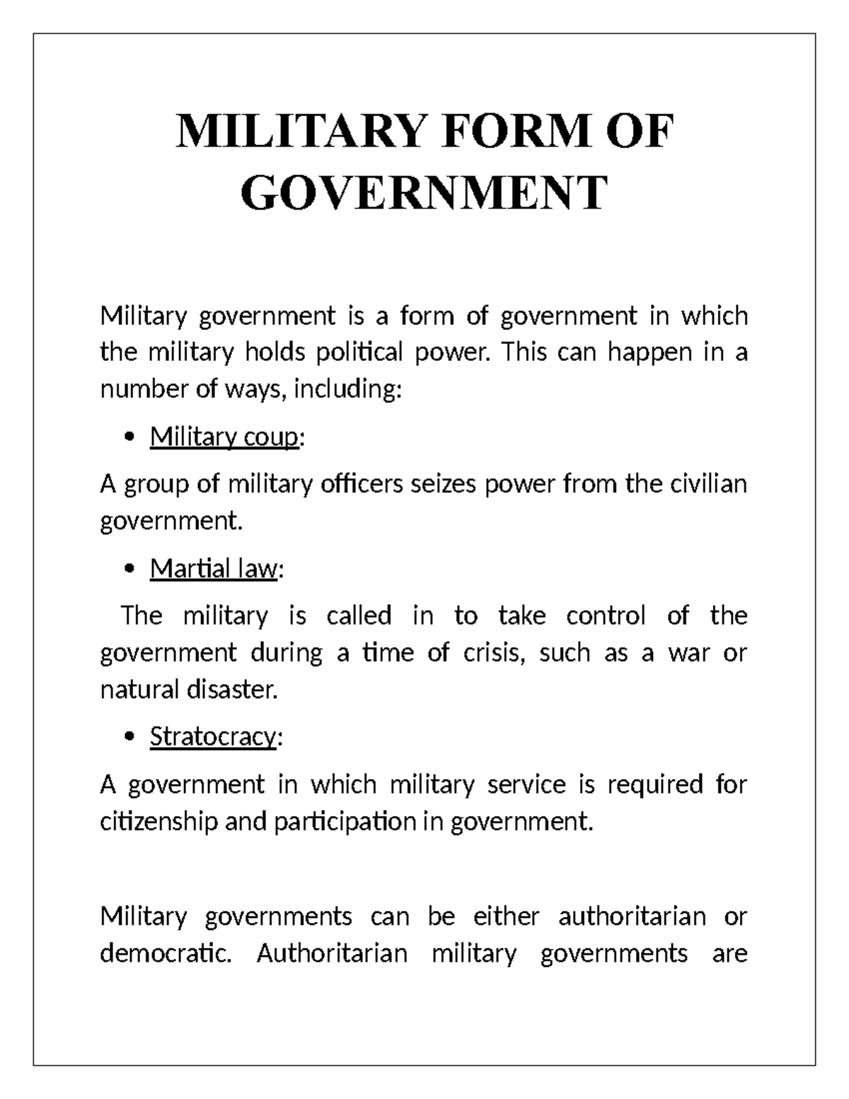 Politicalsci presentation - MILITARY FORM OF GOVERNMENT Military ...