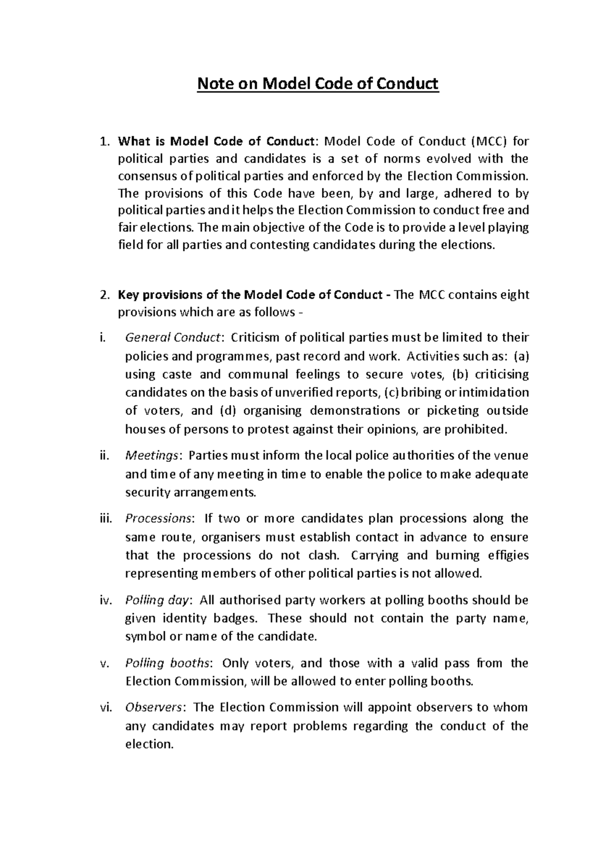 Updated MCC Note - Mcc - Note on Model Code of Conduct What is Model ...