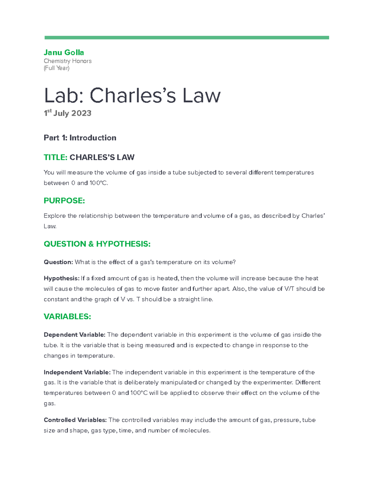 Lab Charles's Law (Janu Golla) - Janu Golla Chemistry Honors (Full Year ...