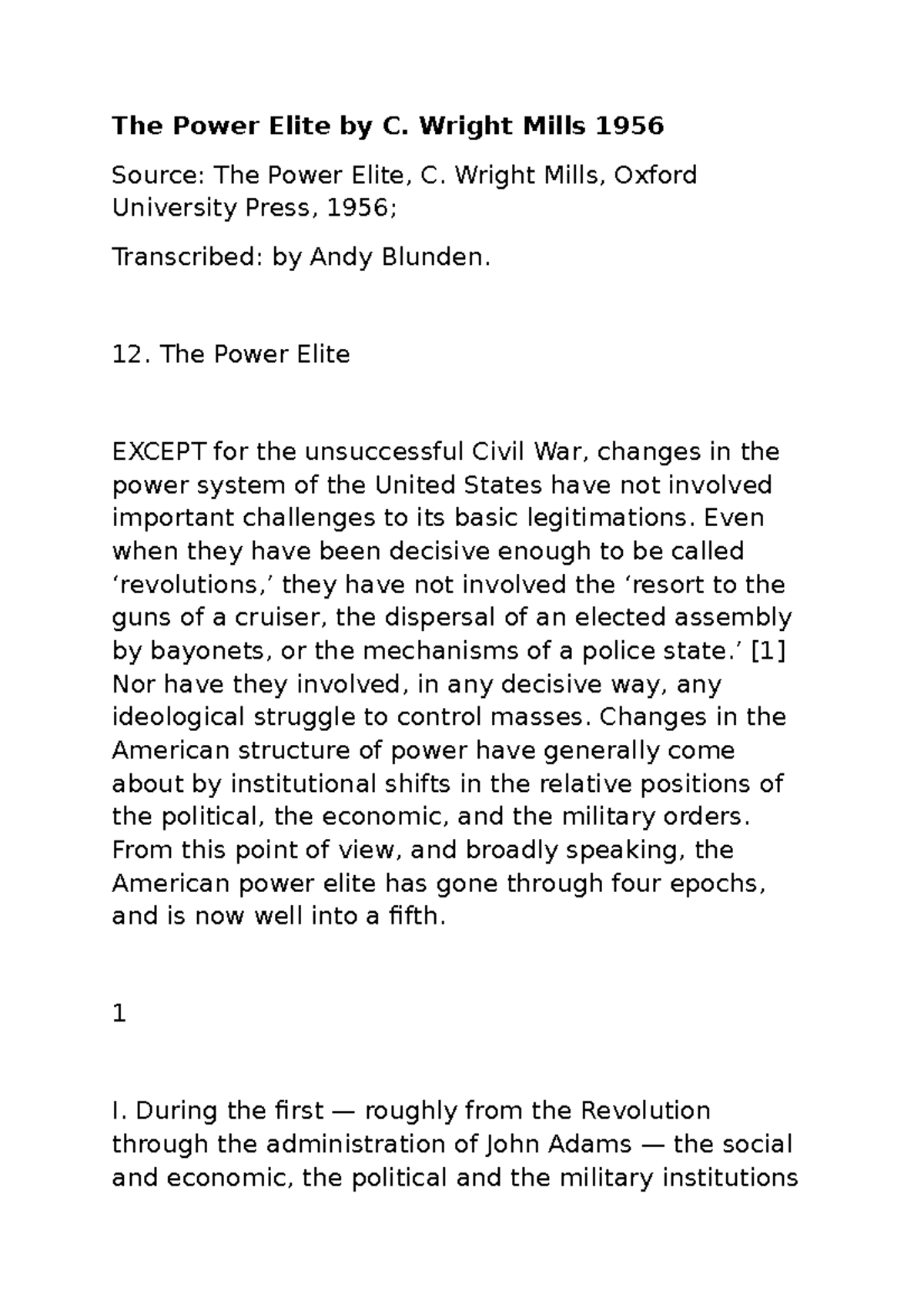 C. Wright Mills 1956 - The Power Elite by C. Wright Mills 1956 Source: The Power Elite, C ...