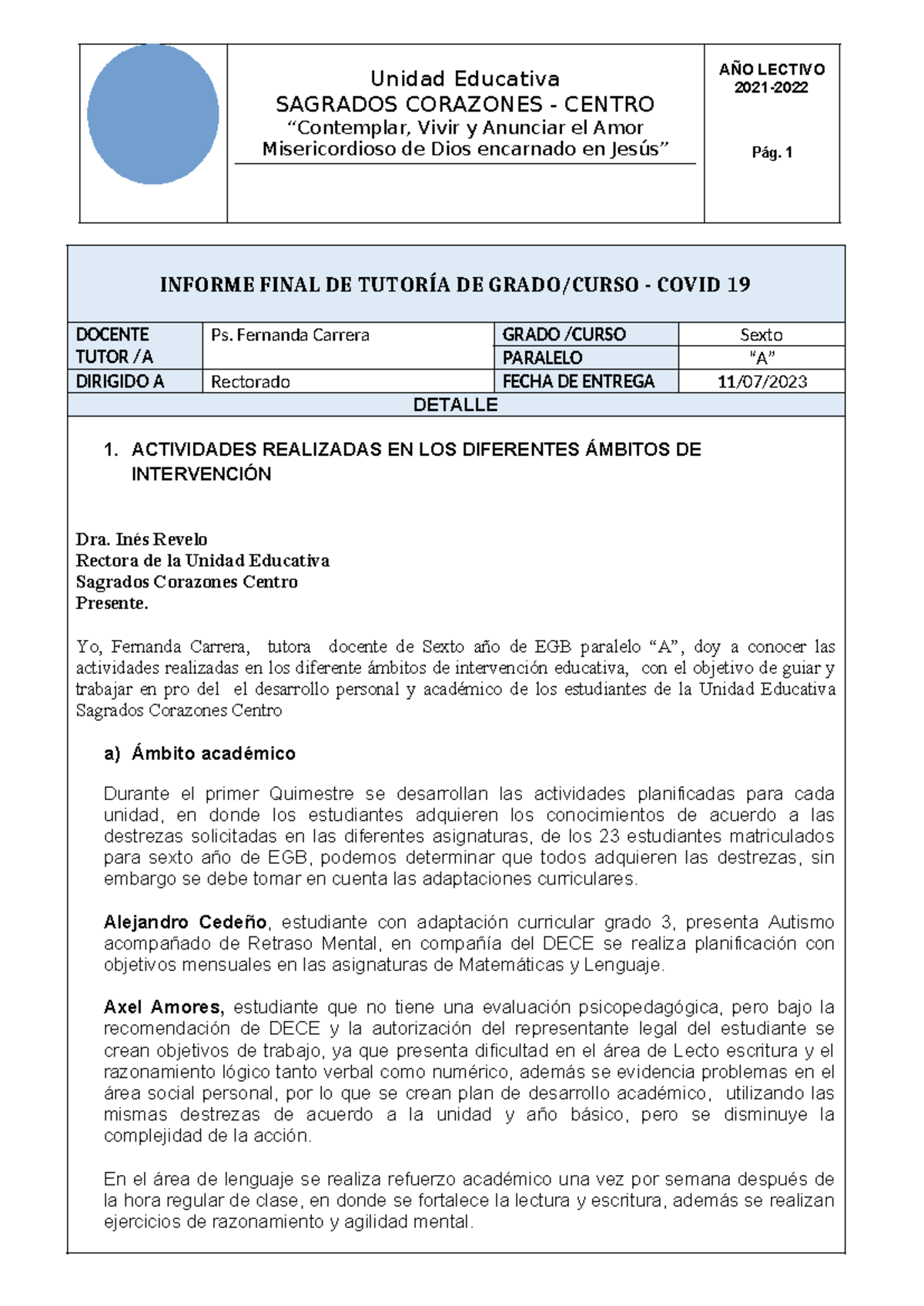 Informe Tutor 1º Quimestre 2021-2022 - Unidad Educativa SAGRADOS CORAZONES - CENTRO “Contemplar ...