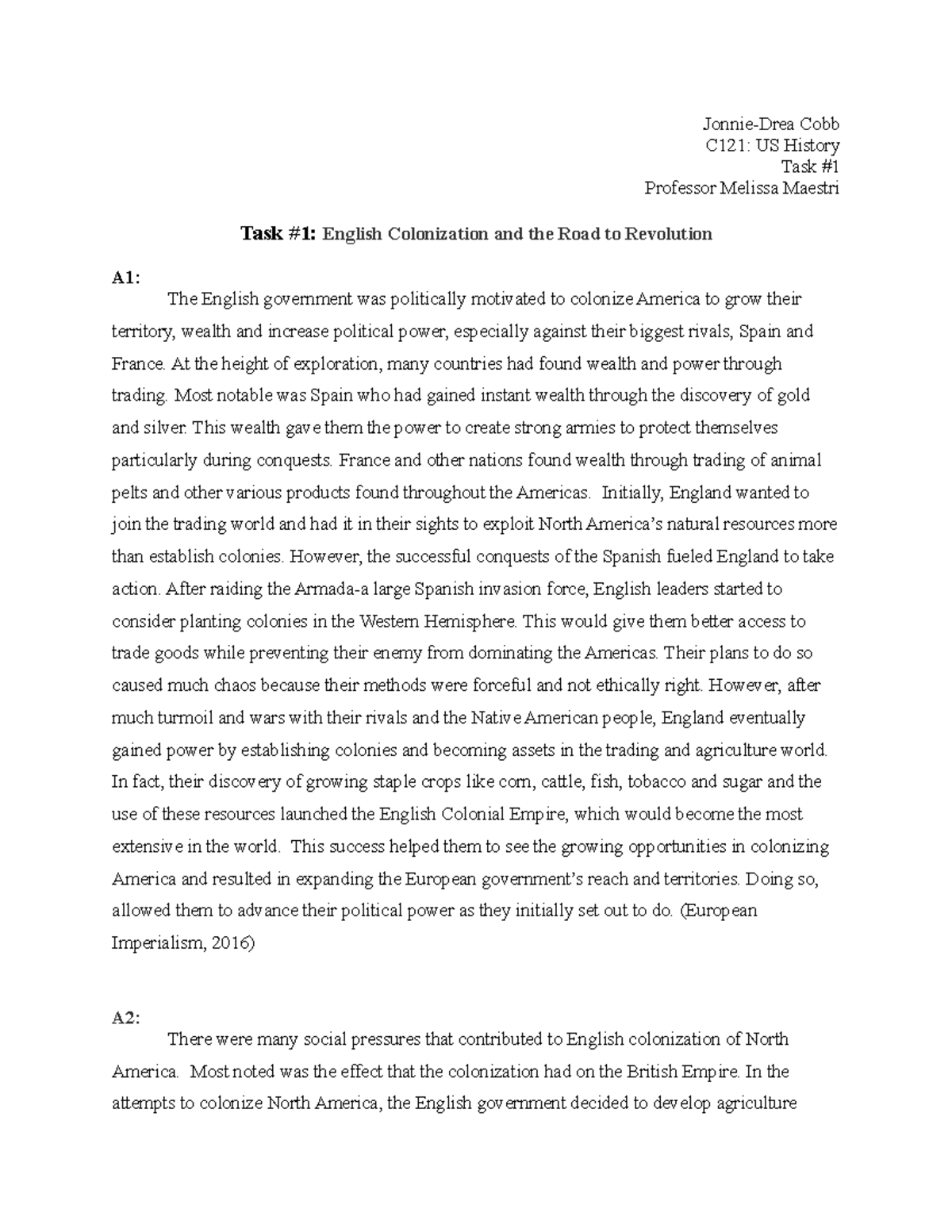 C121 Task #1-US History - Jonnie-Drea Cobb C121: US History Task ...