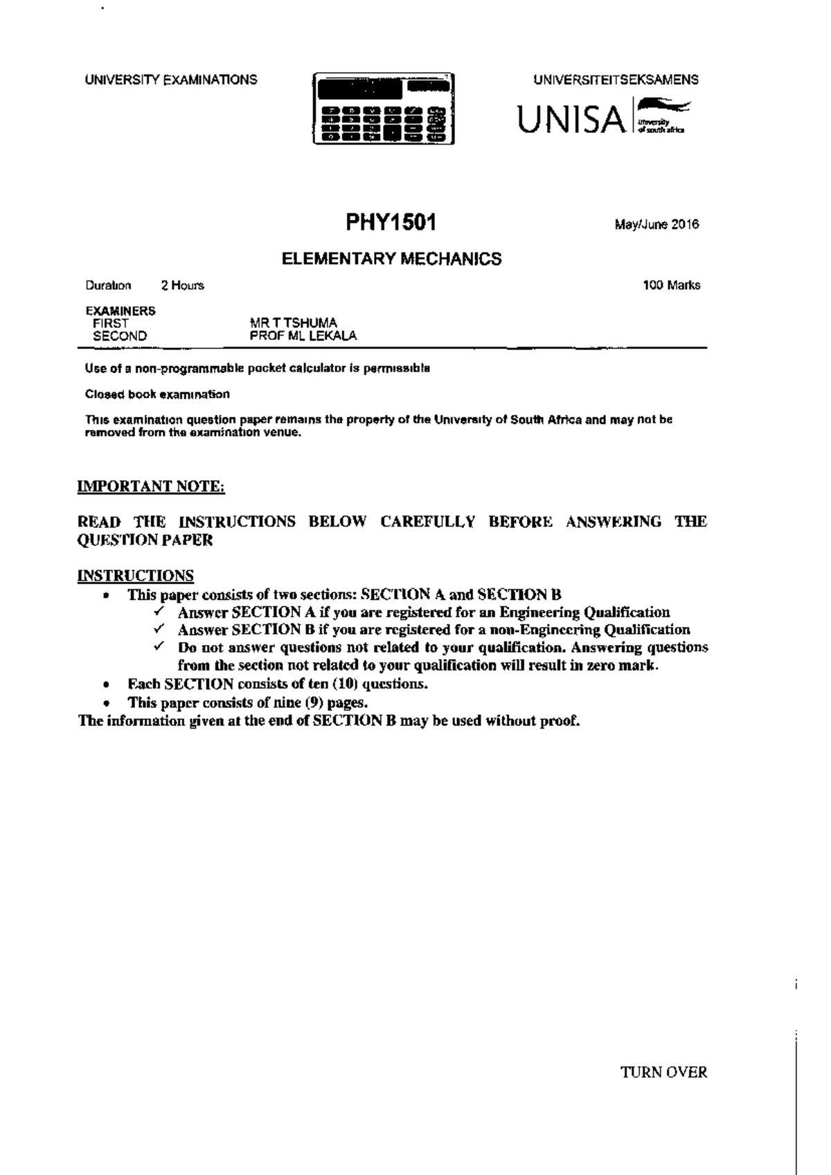 Exam 22 October 2016, questions - PHY1501 - Studocu