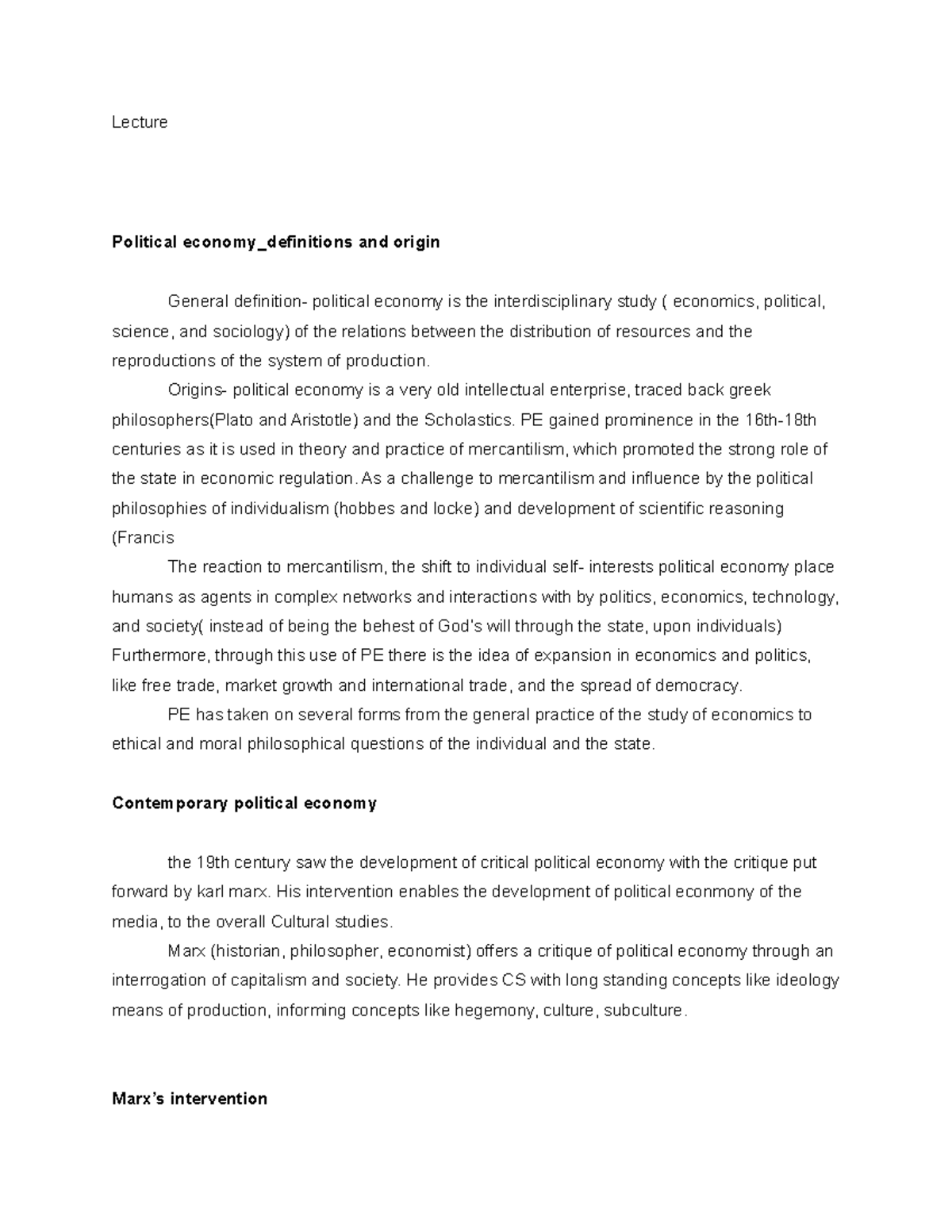 10-11 MCS 001 lecture week 4 - Lecture Political economy_definitions and origin General ...
