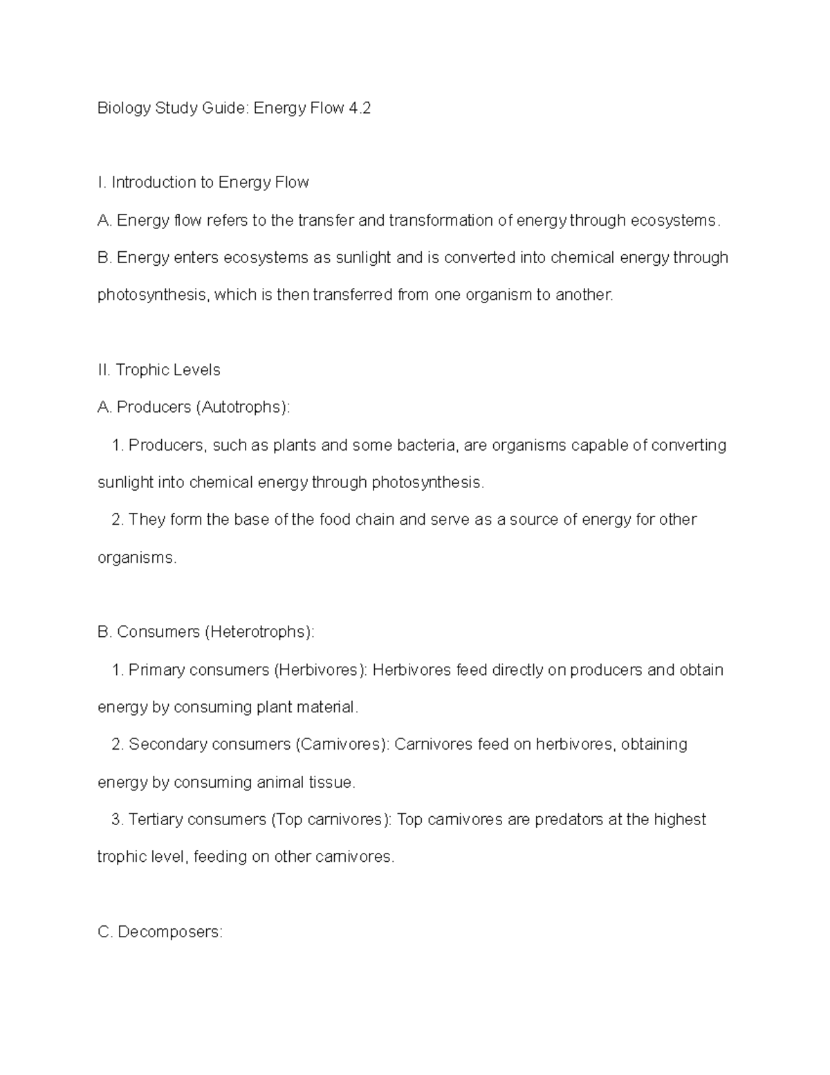Energy flow 4.2 - Biology Study Guide: Energy Flow 4. I. Introduction ...