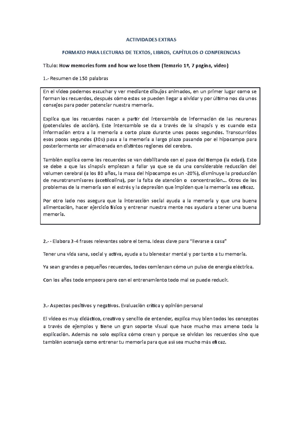 Actividades extras - ACTIVIDADES EXTRAS FORMATO PARA LECTURAS DE TEXTOS ...