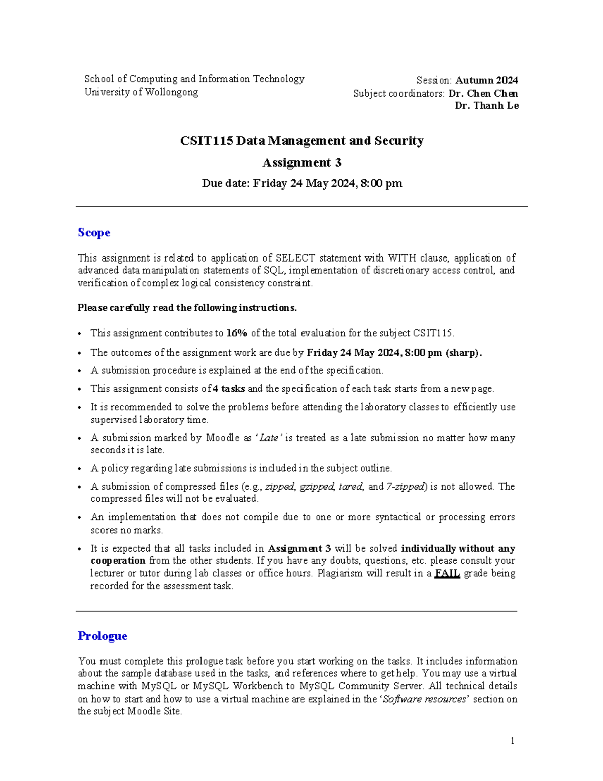Assignment 3 Question Csit115 Data Management And Security Assignment 3 Due Date Friday 24 