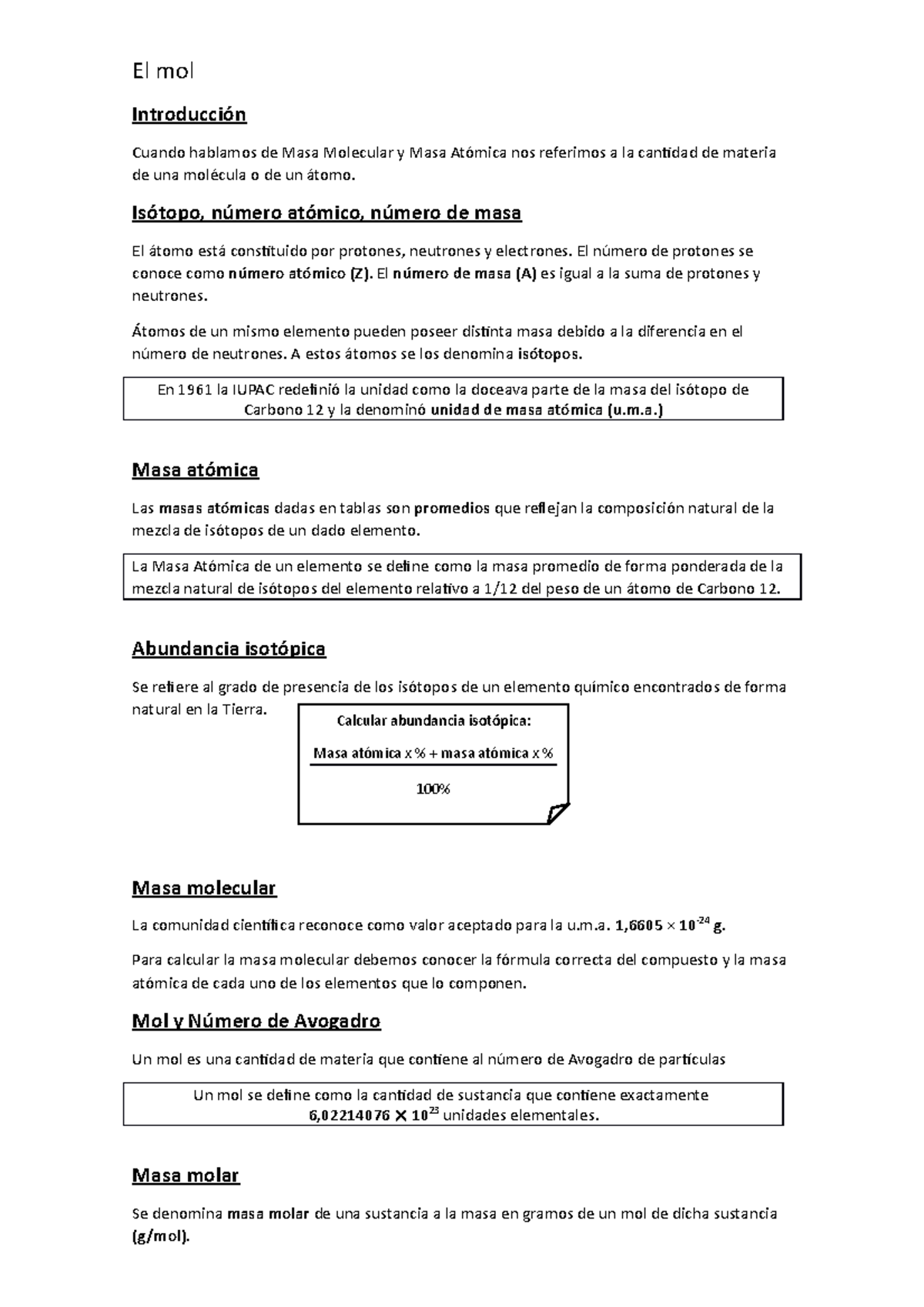Resumen El mol - iecq - El mol Introducción Cuando hablamos de Masa ...
