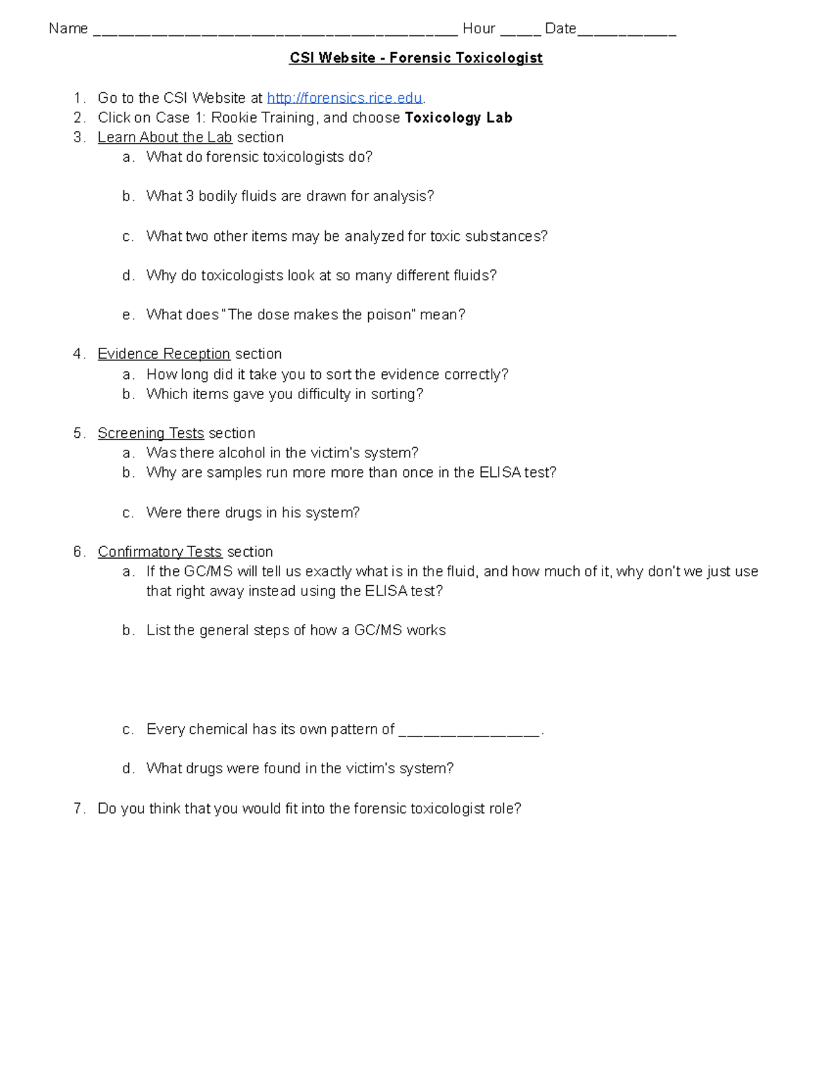 CSI Case 1 Forensic Toxicologist 2020 - Name