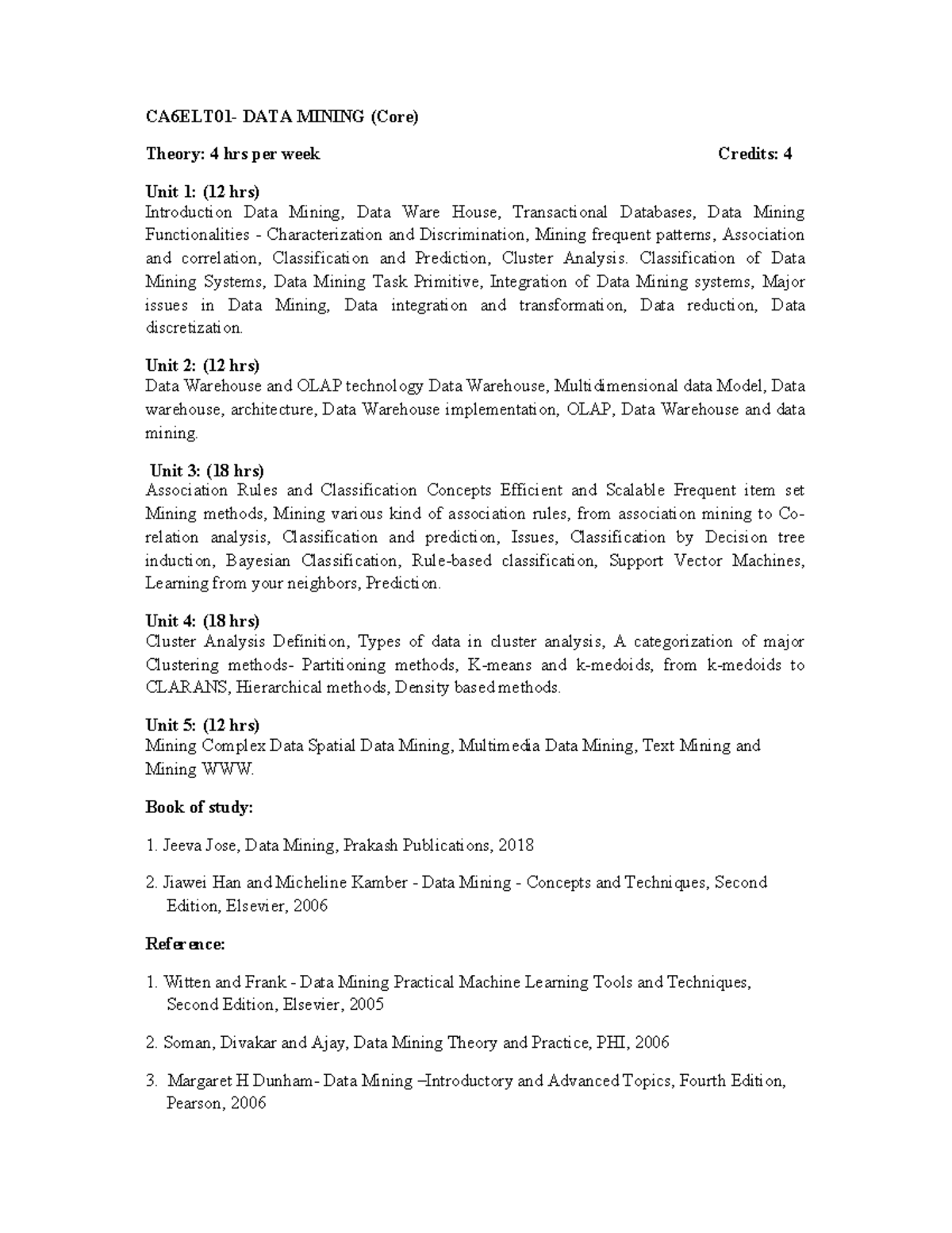 Data Mining Syllabus - data - CA6ELT01- DATA MINING (Core) Theory: 4 ...