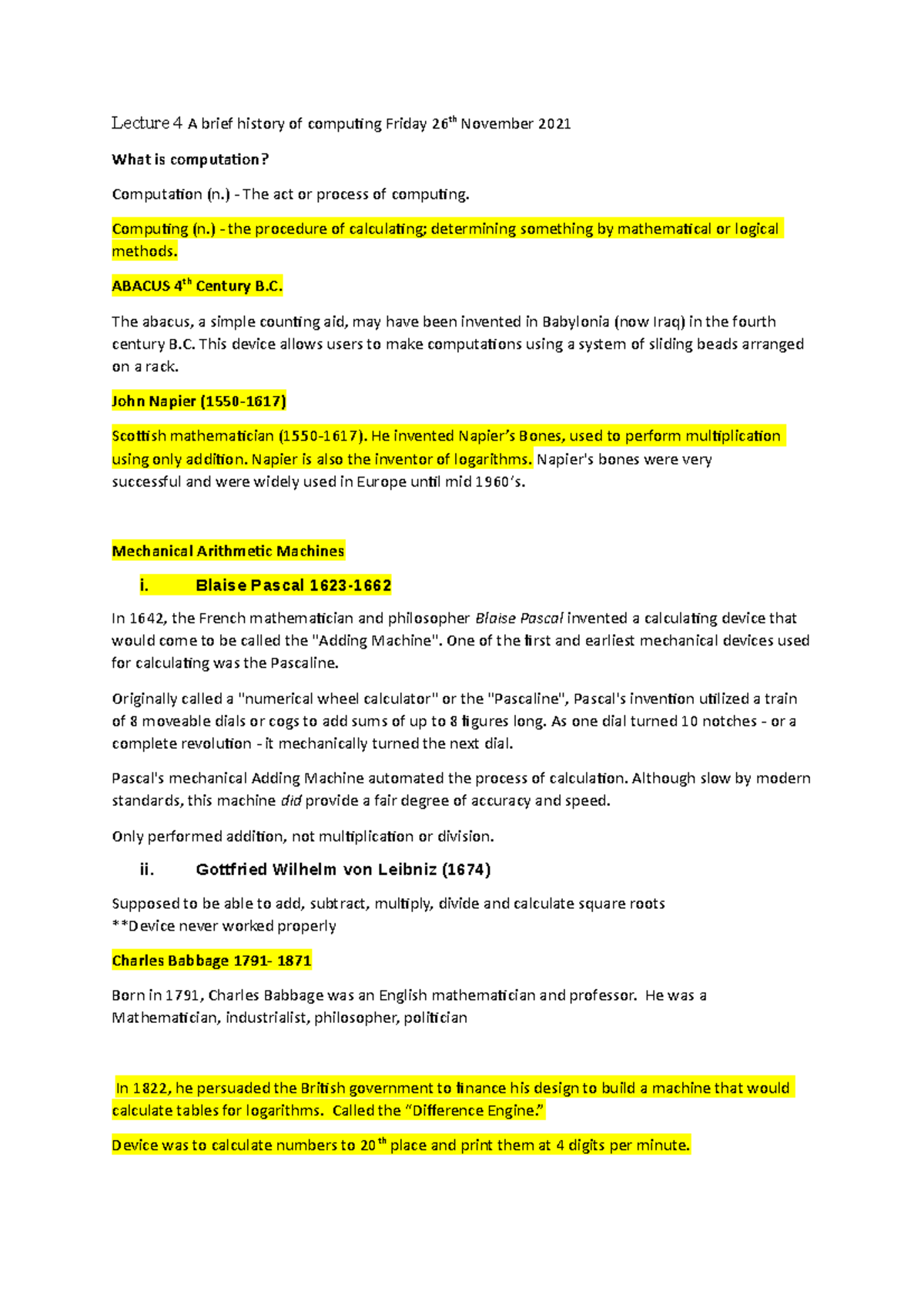 Lecture 4 A brief history of computing Friday 26th November 2021 - Lecture 4 A brief history of ...