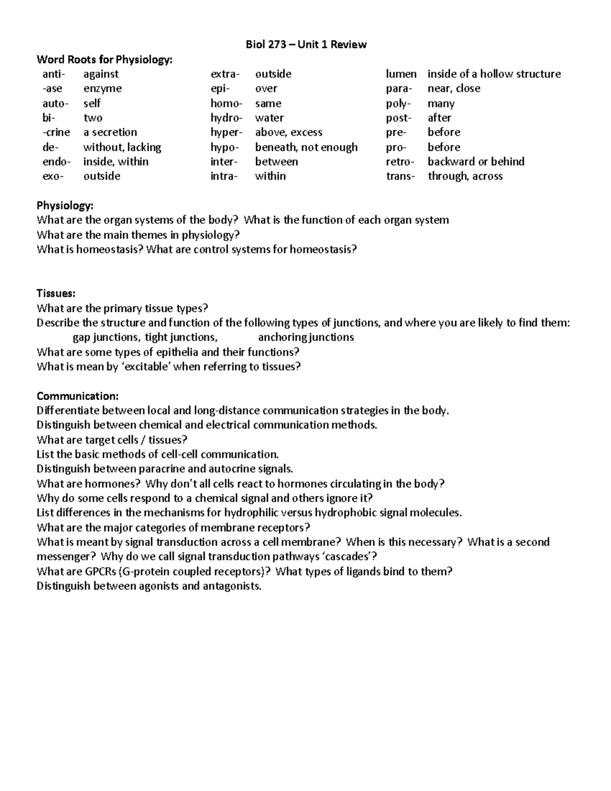 Unit 1 - Review-2022 - Copy - Biol 273 – Unit 1 Review Word Roots for ...