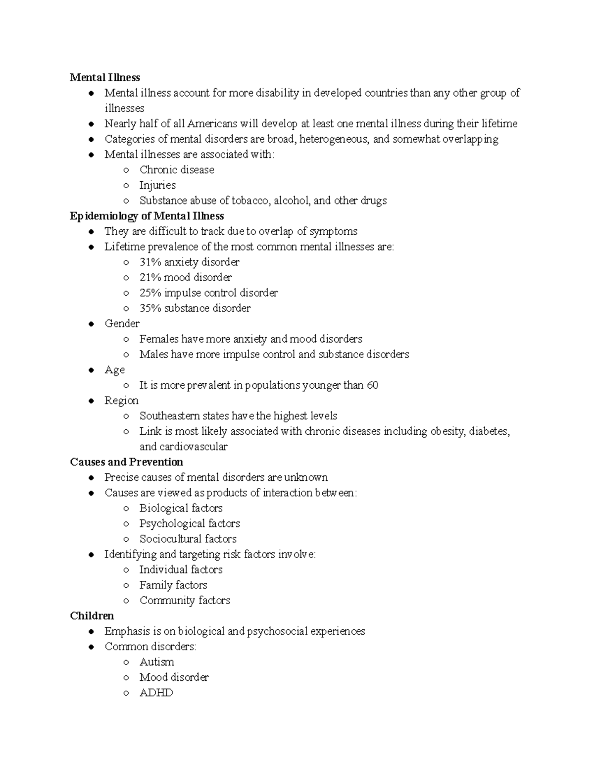 Ch. 19 - Mental Health - Notes from PP slides - Mental Illness Mental ...