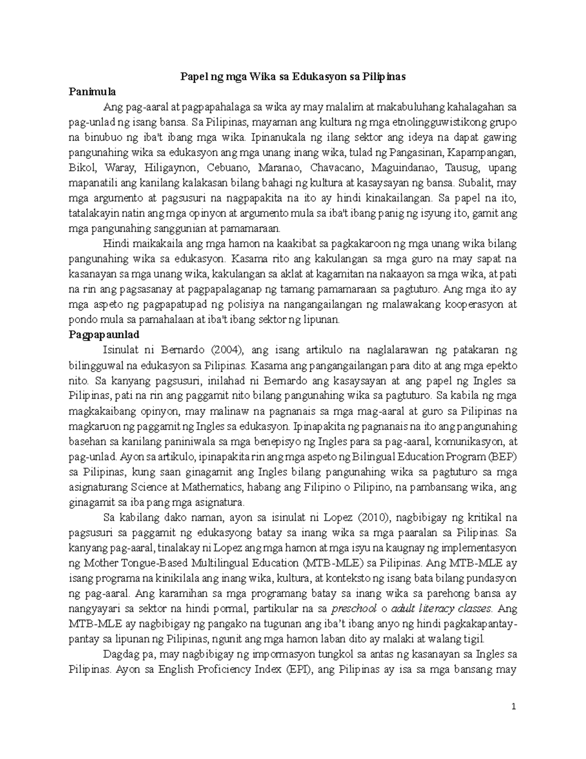 Papel ng mga Wika sa Edukasyon sa Pilipinas - Papel ng mga Wika sa ...