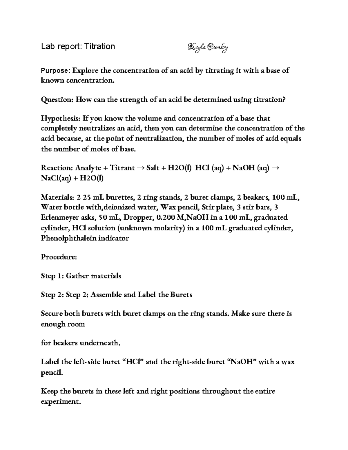 Lab report Titration - Question: How can the strength of an acid be ...