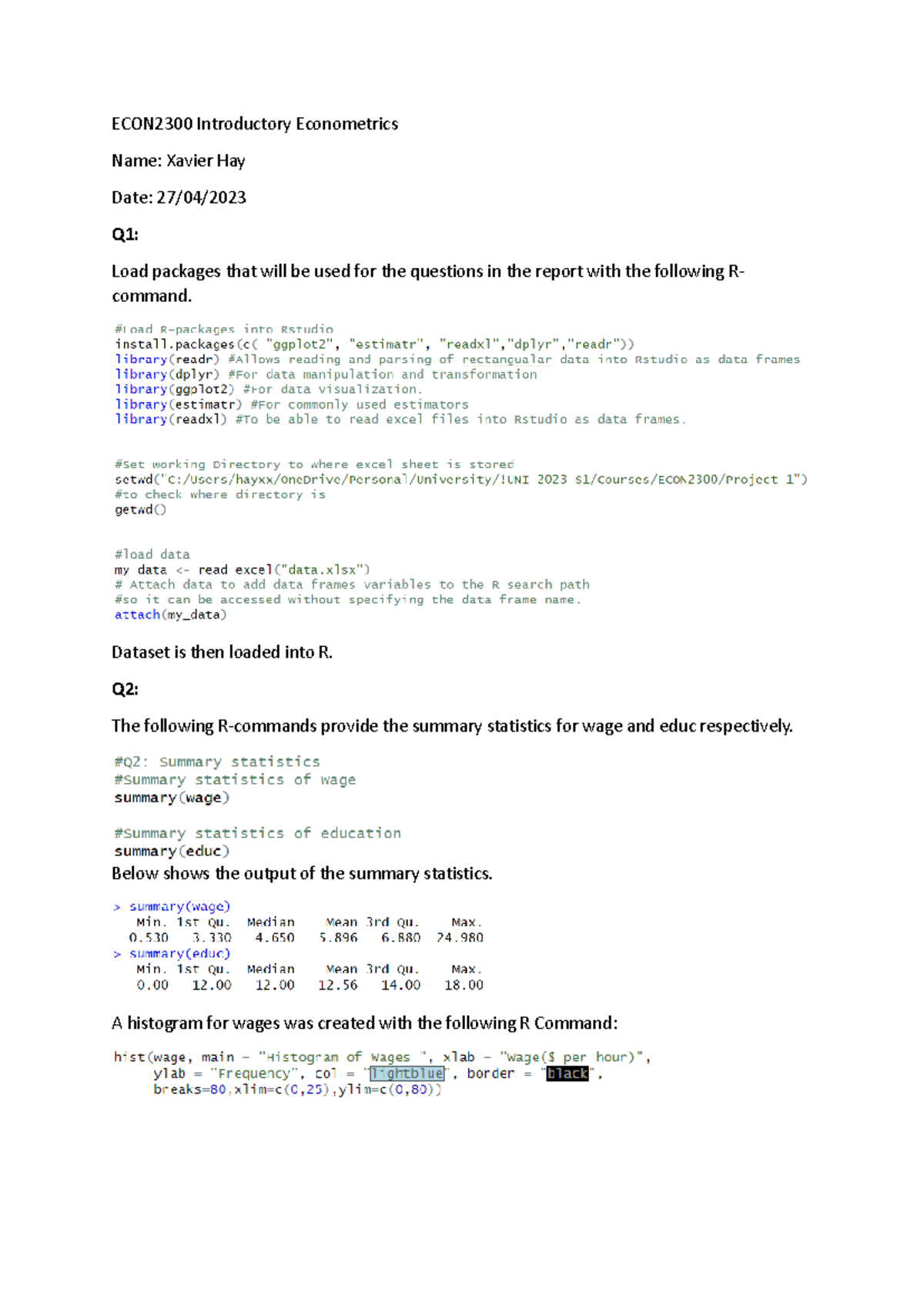 Econ23000 final pdf - got 91% - ECON2300 Introductory Econometrics Name ...