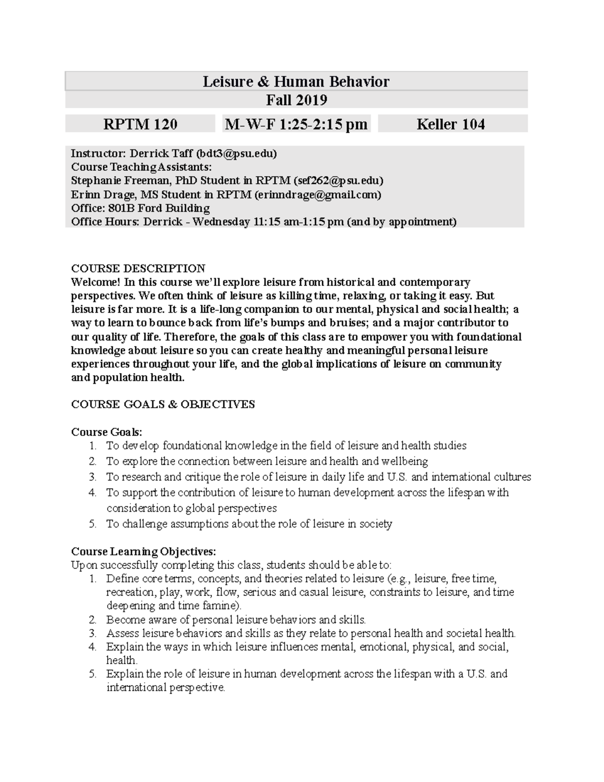 Syllabus RPTM 120 - Leisure & Human Behavior Fall 2019 RPTM 120 M-W-F 1 ...