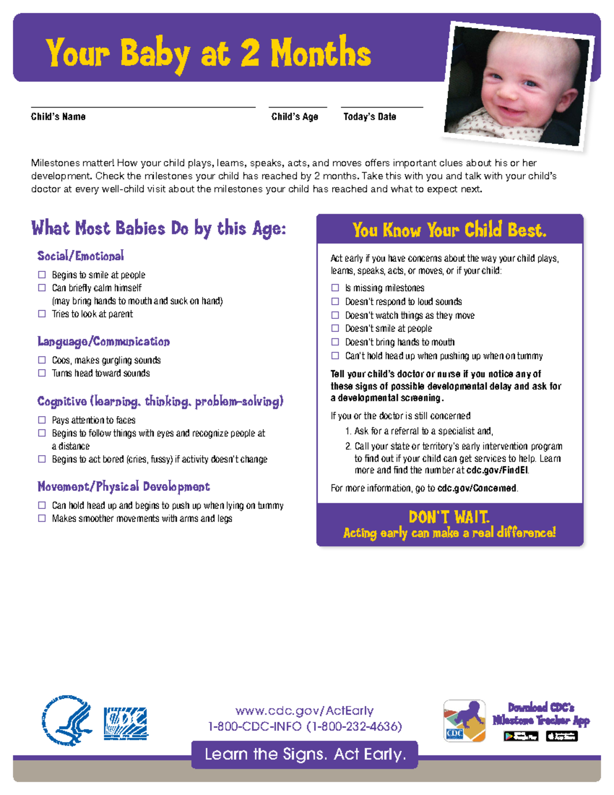 Pediatrics Milestones Checklist - Your Baby at 2 Months Child’s Name ...