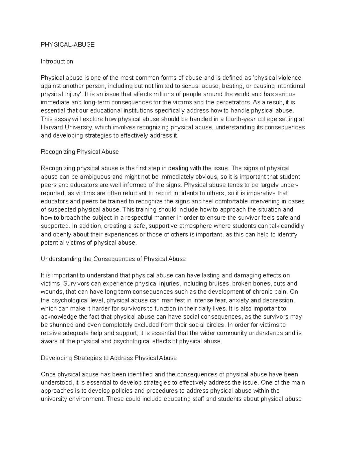 Physical- Abuse - PHYSICAL-ABUSE Introduction Physical abuse is one of ...