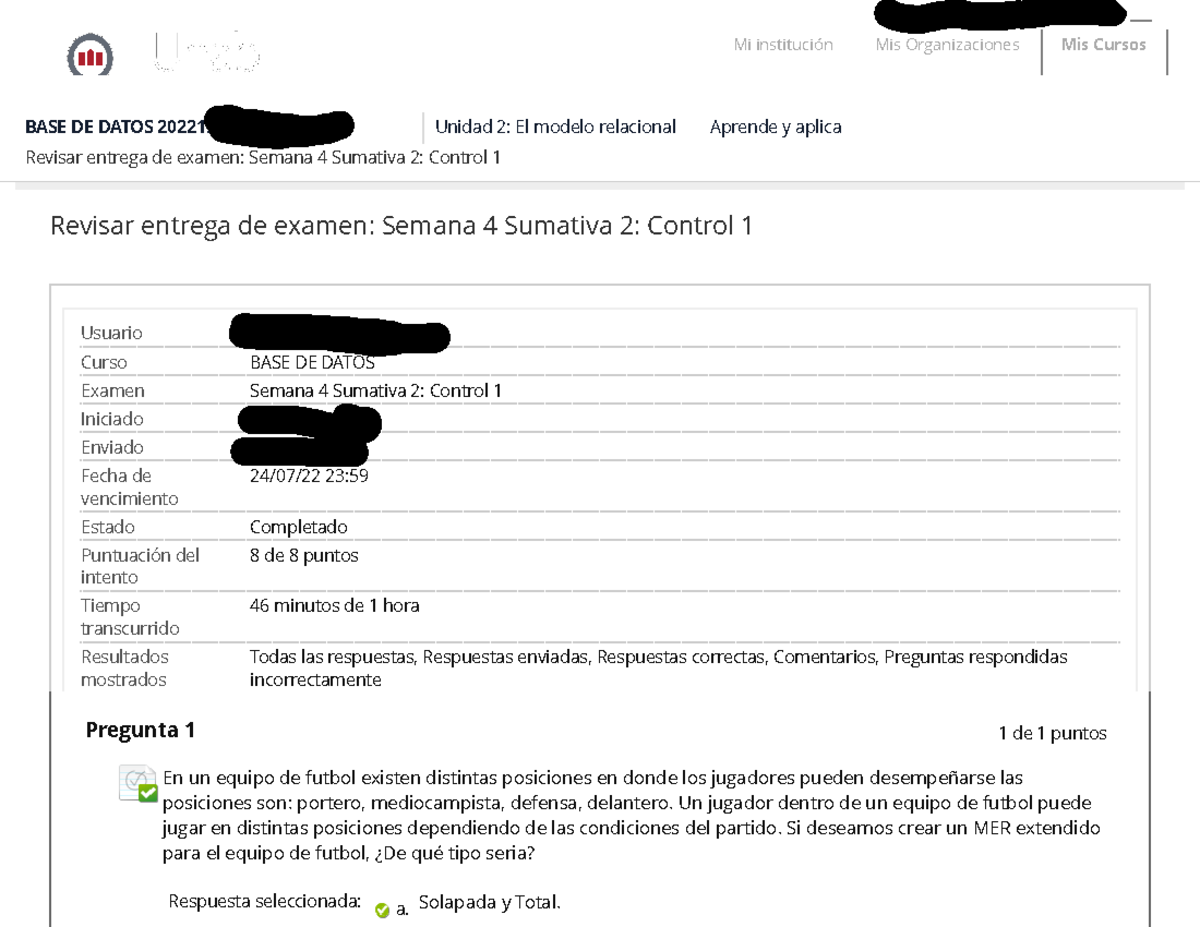 Revisar entrega de examen Semana 4 Sumativa 2 Control 1 JJ - BASE DE DATOS 202215_1866_ATDF103 ...